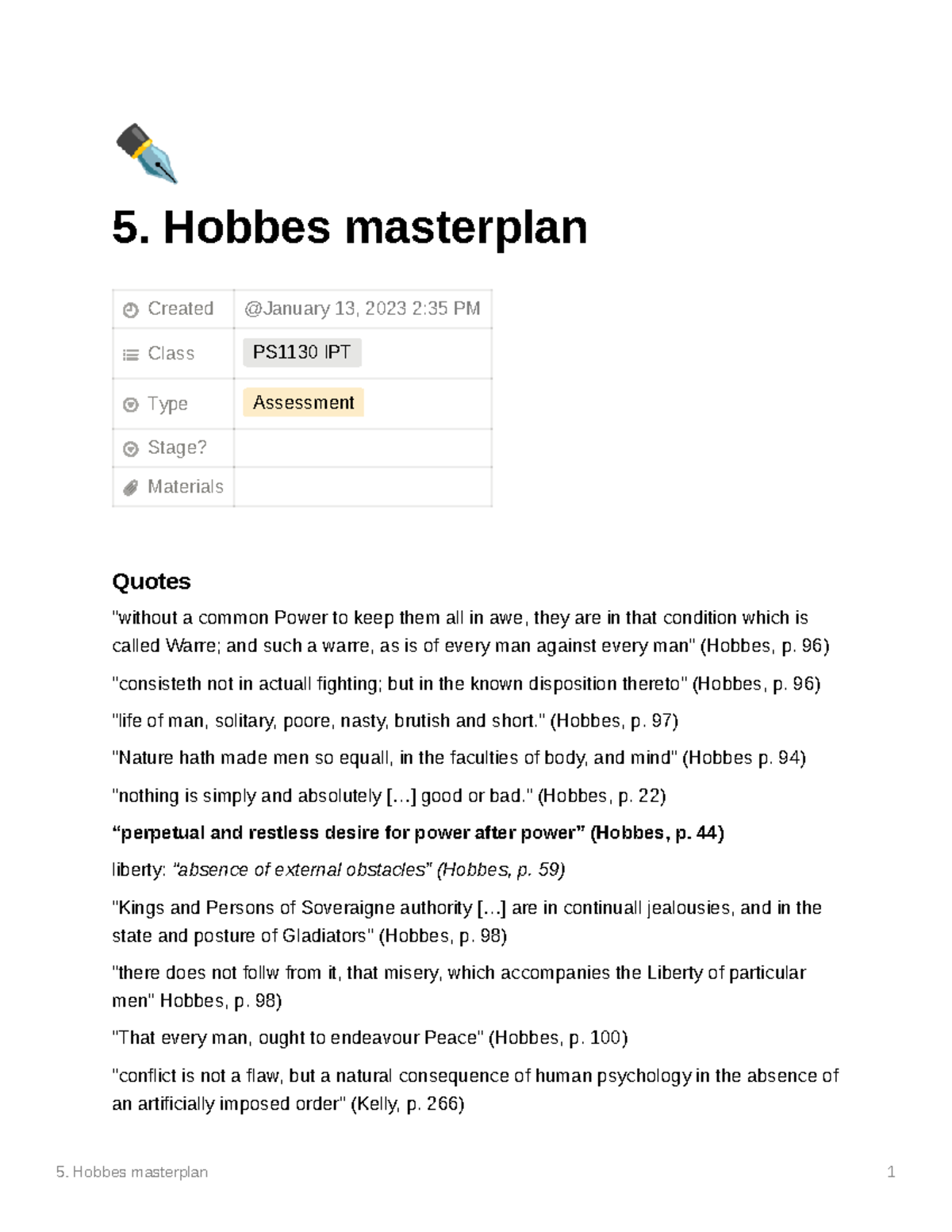 Essay plan - 5. Hobbes masterplan Created Class PS1130 IPT Type ...