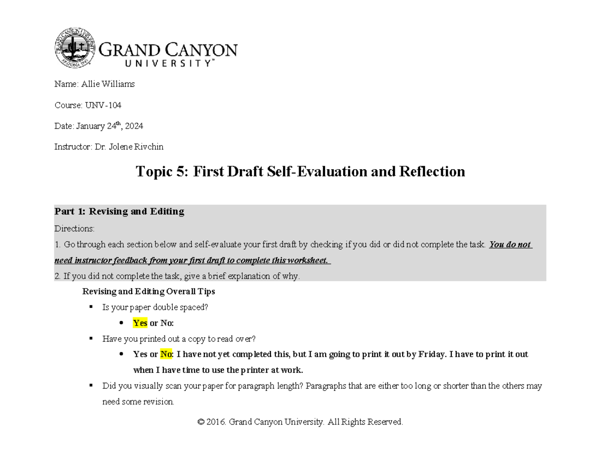 First Draft Self-Evaluation and Reflection - Name: Allie Williams ...