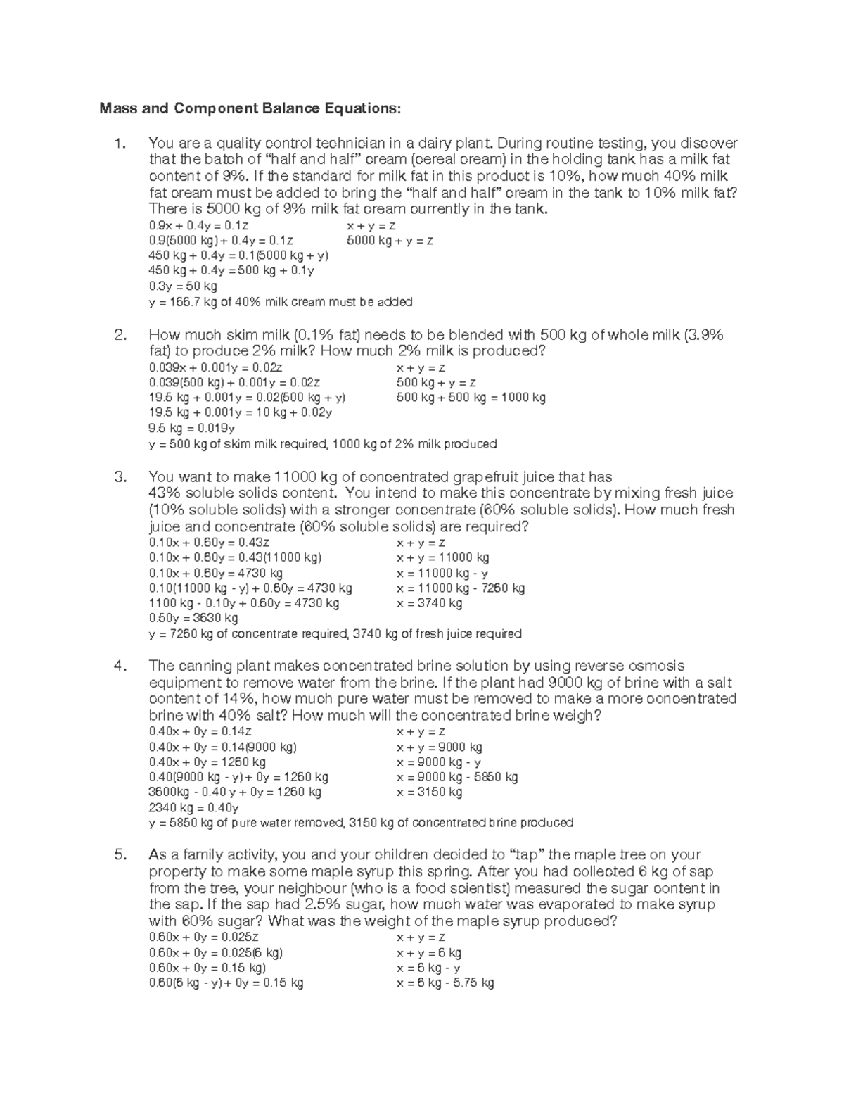 FOOD 2010 Math Modules - Mass and Component Balance Equations: 1. You ...