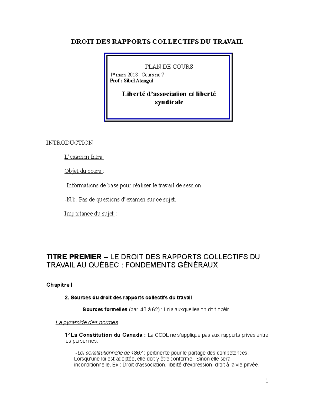 Plan de cours détaillé pour le cours 7 - DROIT DES RAPPORTS COLLECTIFS ...