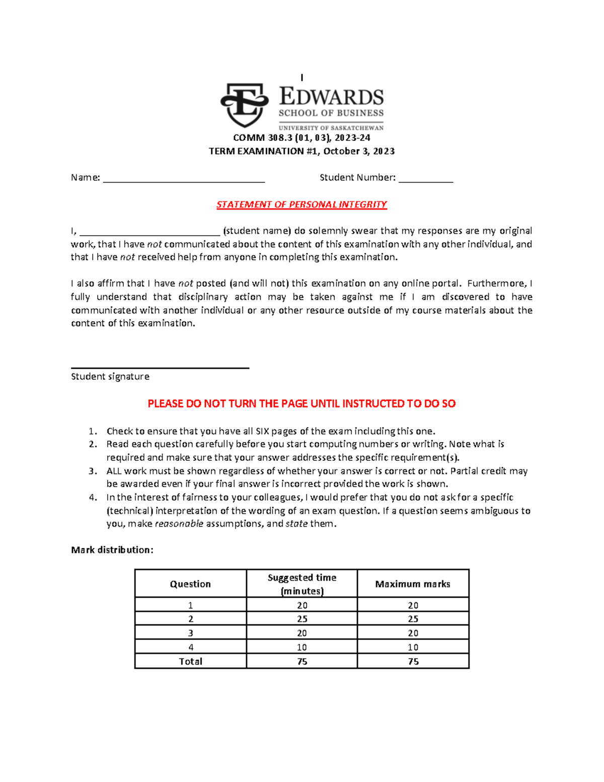 First page of Term Exam #1.October 2023 - 1 COMM 308 (01, 03), 20 23 ...
