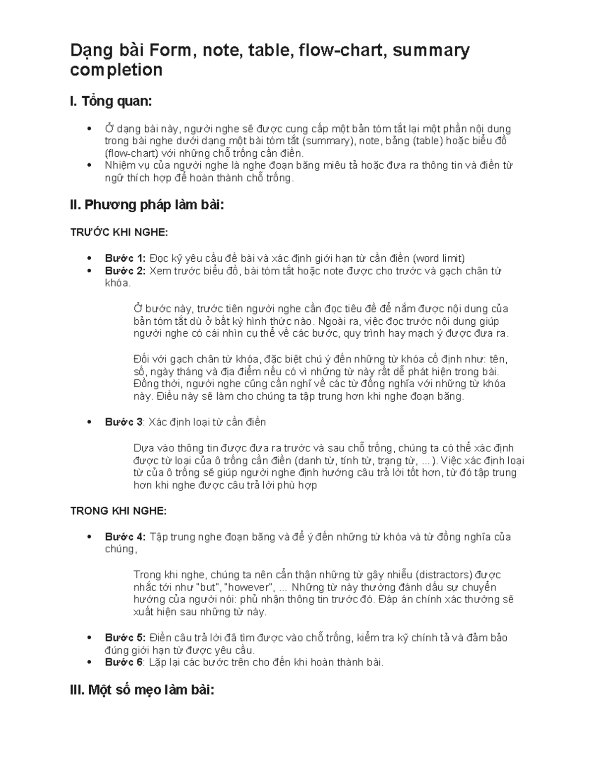 Các dạng listening - fgdgr - Dạng bài Form, note, table, flow-chart, summary completion I. Tổng ...