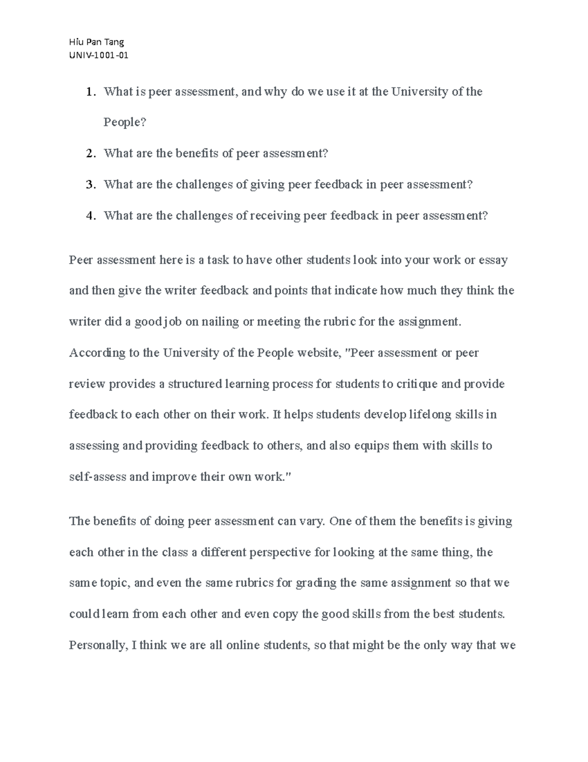 Peer assessment - peer review assignment - Hiu Pan TangUNIV-1001- What ...