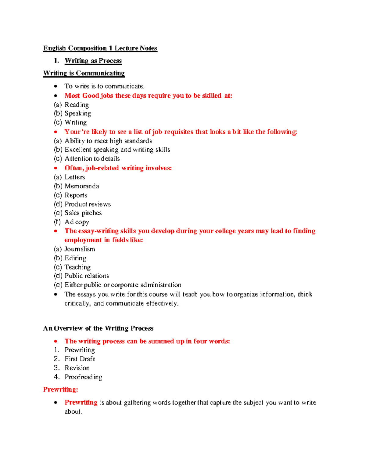 Week 1 Unit 1 English Comp 1 reading notes of our weekly reading ...