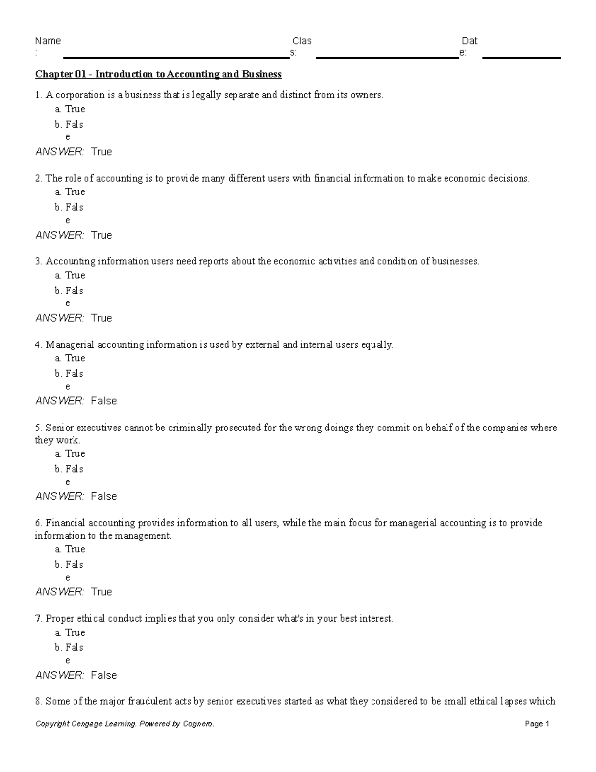 Chapter 1 Study Guide Introduction to Accounting and Business - : s: e ...
