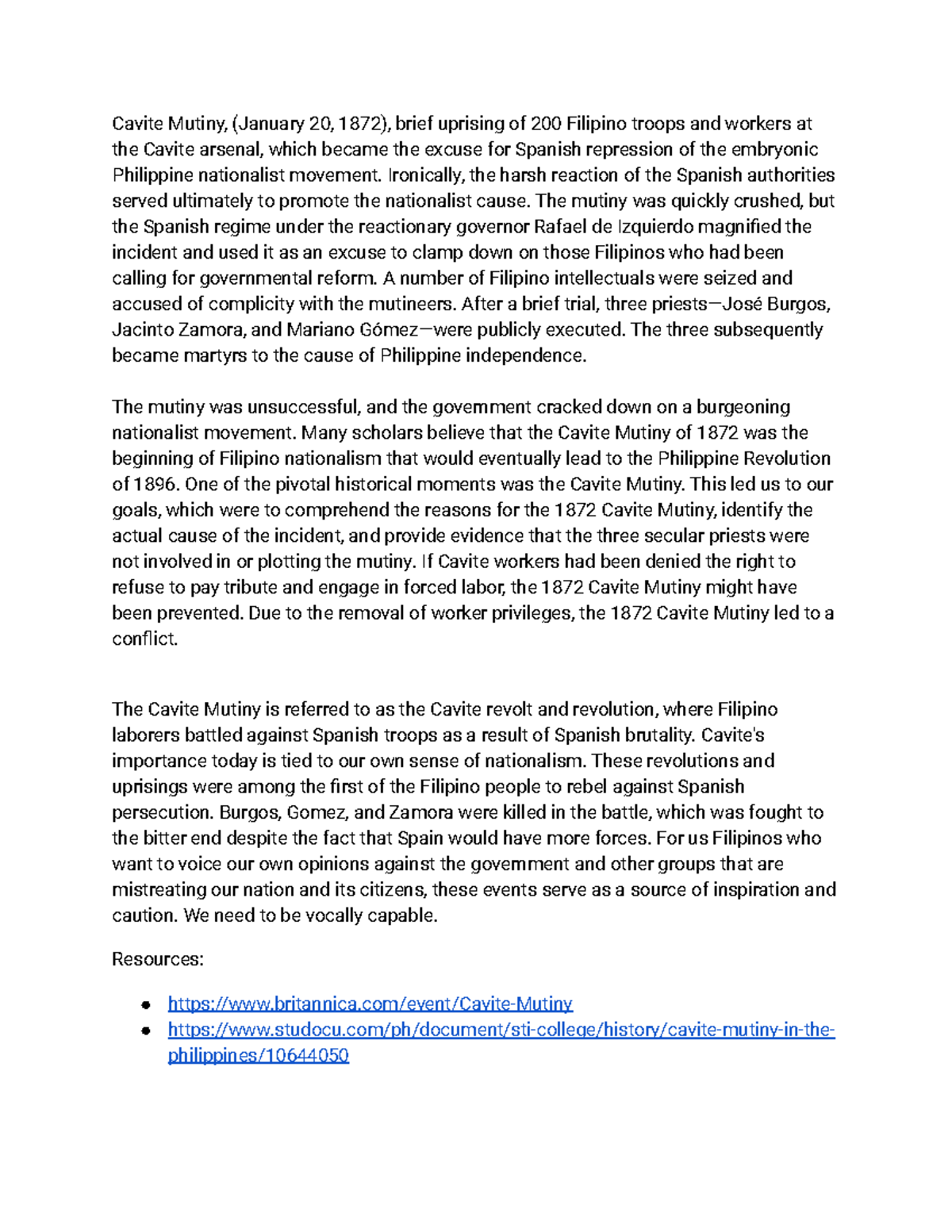 Module 7 Assignment 1 - Cavite Mutiny, (January 20, 1872), brief ...