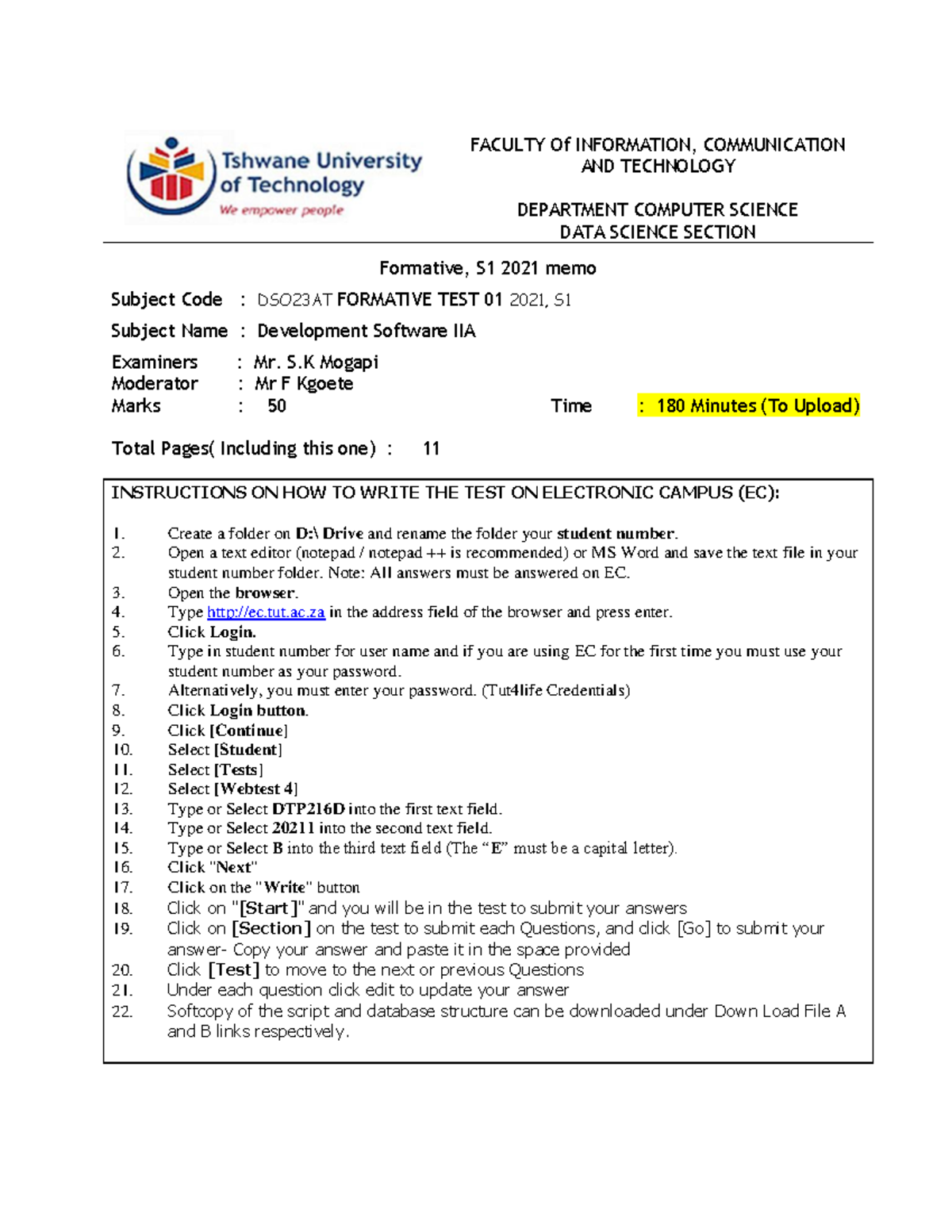 DSO23AT Formative 1 Memo 2021 S1 - FACULTY Of INFORMATION ...