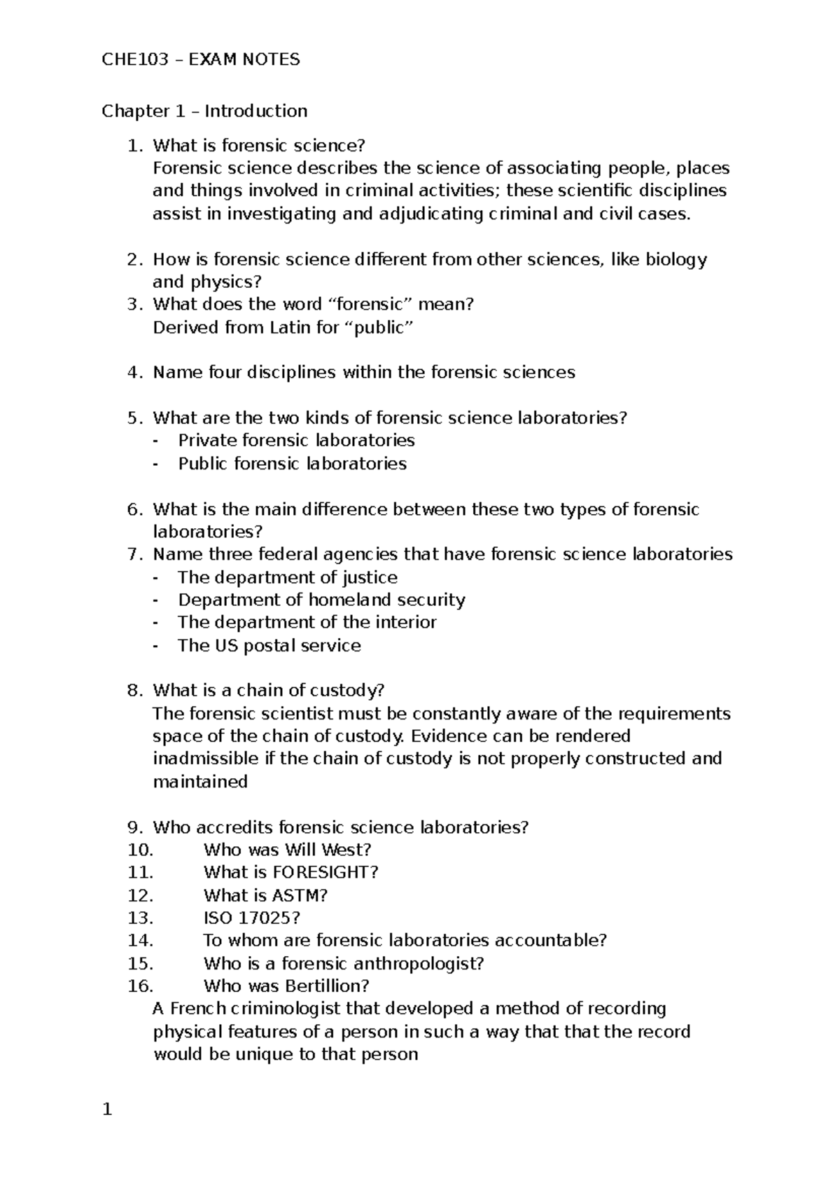 CHE103 incomplete textbook notes - CHE103 – EXAM NOTES Chapter 1 ...