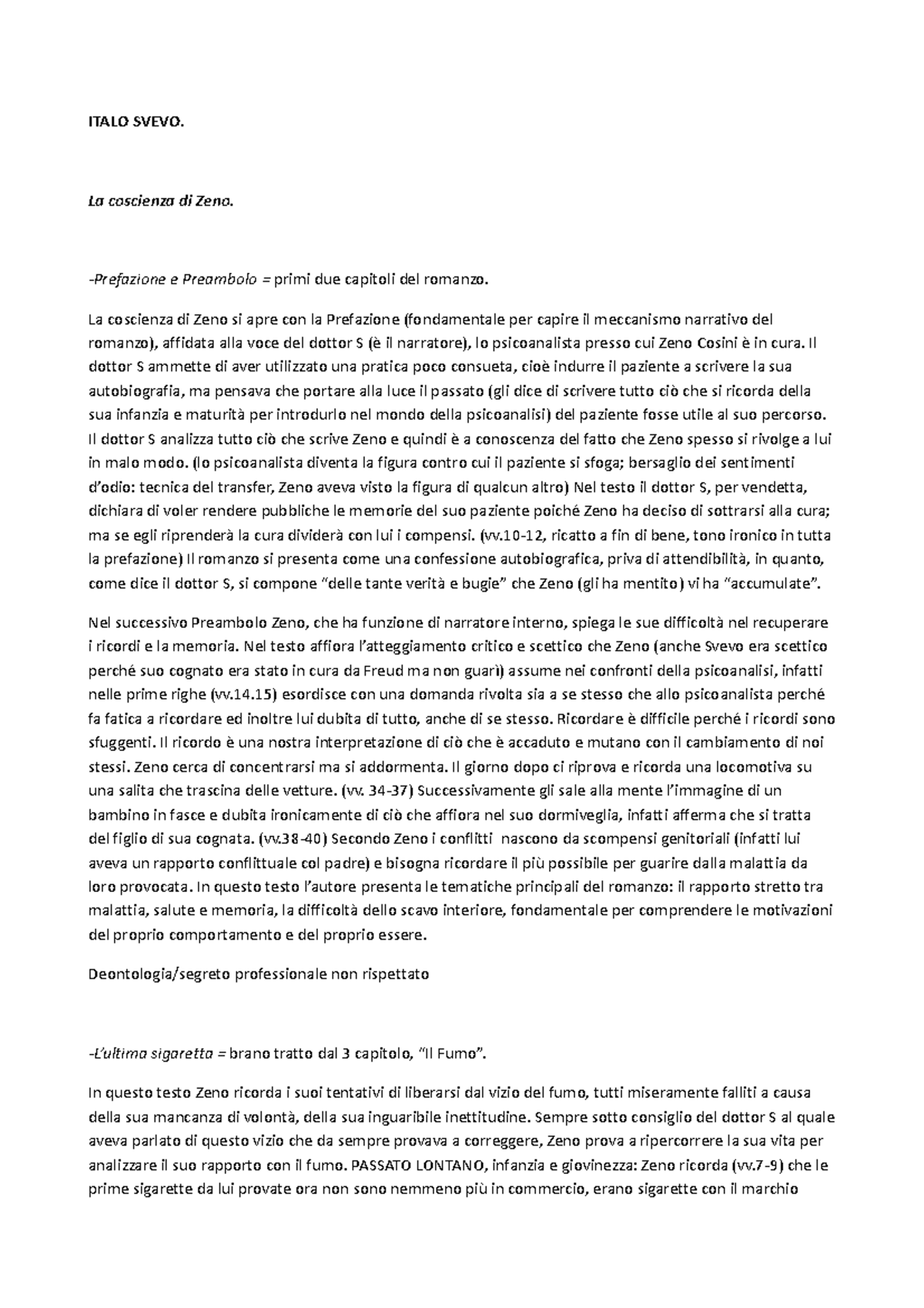 Svevo e pirandello - ITALO SVEVO. La coscienza di Zeno. -Prefazione e Preambolo = primi due ...