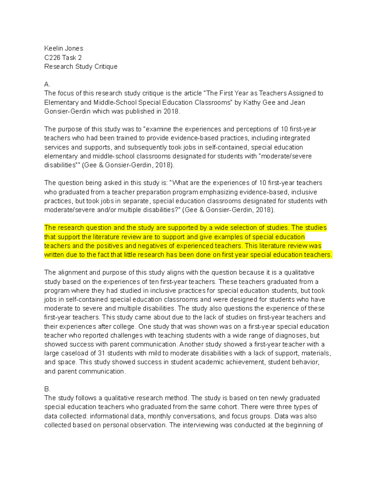 C226 Task 2 - Task 2 of C226 - Keelin Jones C226 Task 2 Research Study ...
