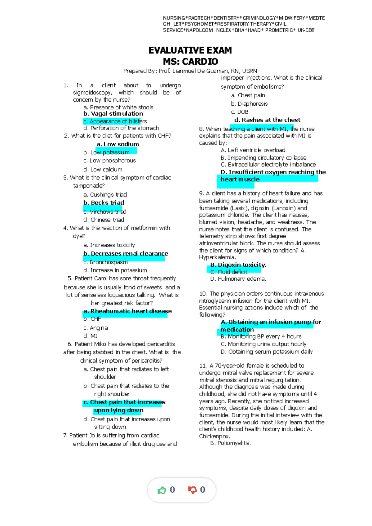 Eval-exam-cardio-ans-key compress - NURSINGRADTECHDENTISTRYCRIMINOLOGYMIDWIFERYMEDTE CH - Studocu
