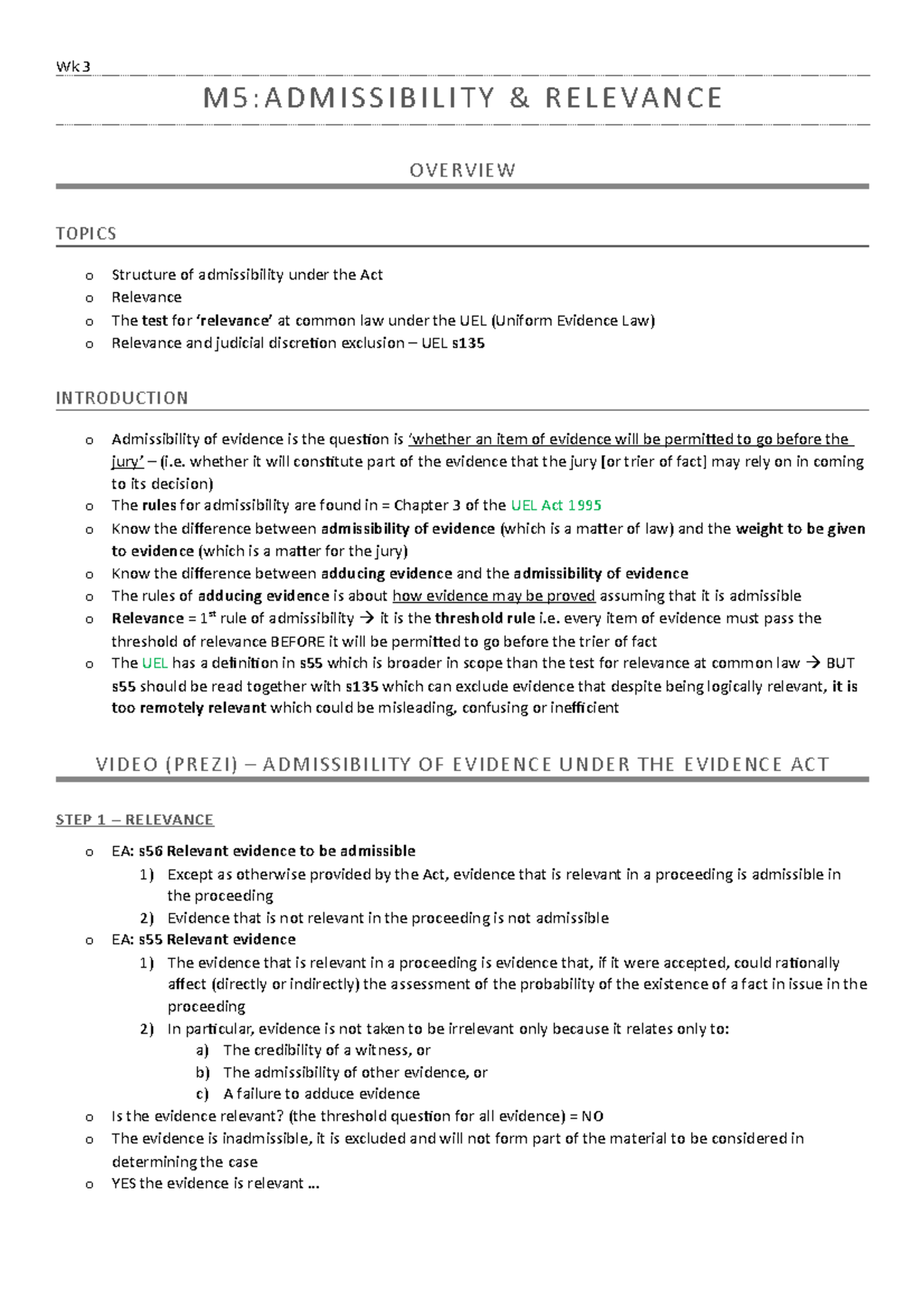 Wk 3 - M5&6 - Lecture notes 3 - M5:ADMISSIBILITY & RELEVANCE OVERVIEW ...