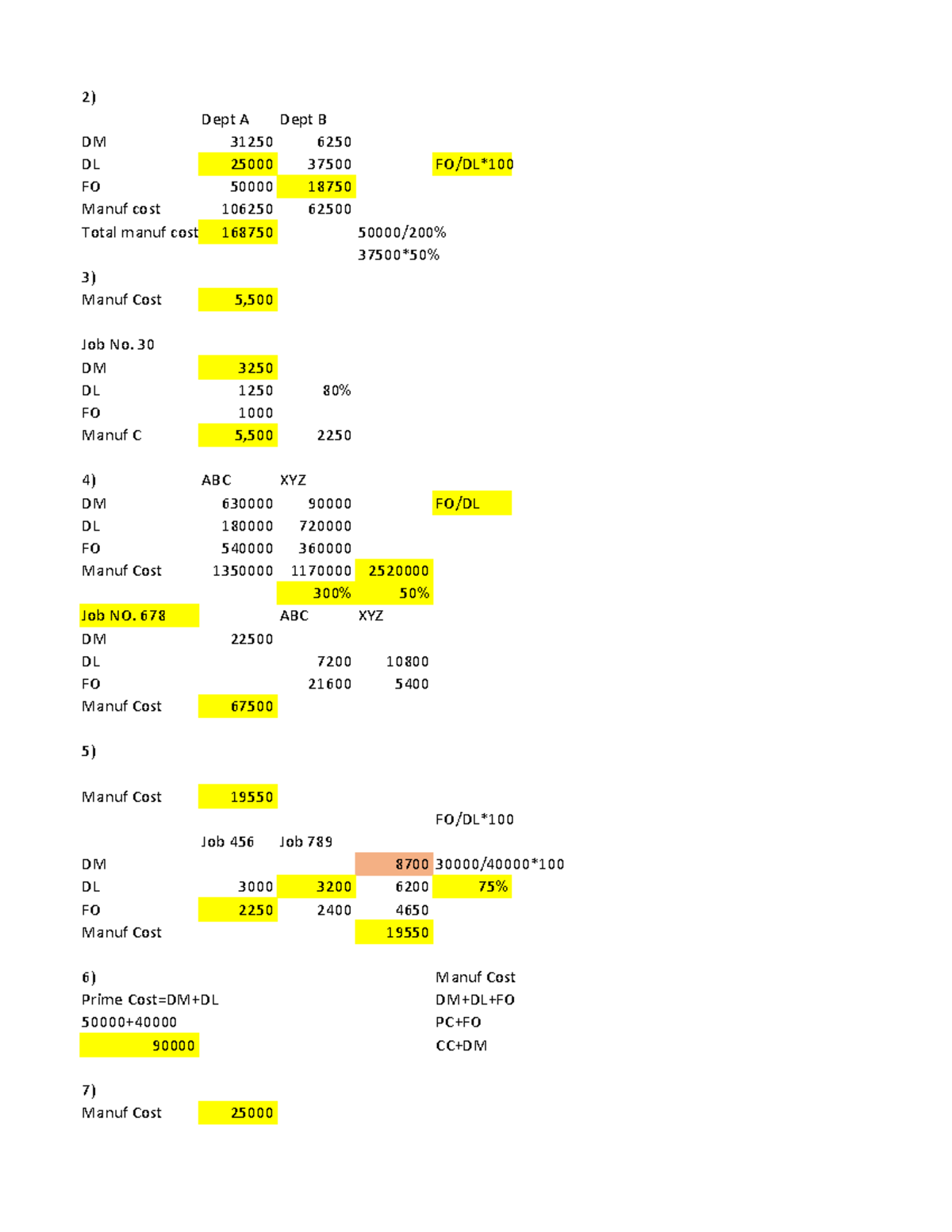 Job order- solutions - 2) Dept A Dept B DM 31250 6250 DL 25000 37500 FO/DL* FO 50000 18750 Manuf ...