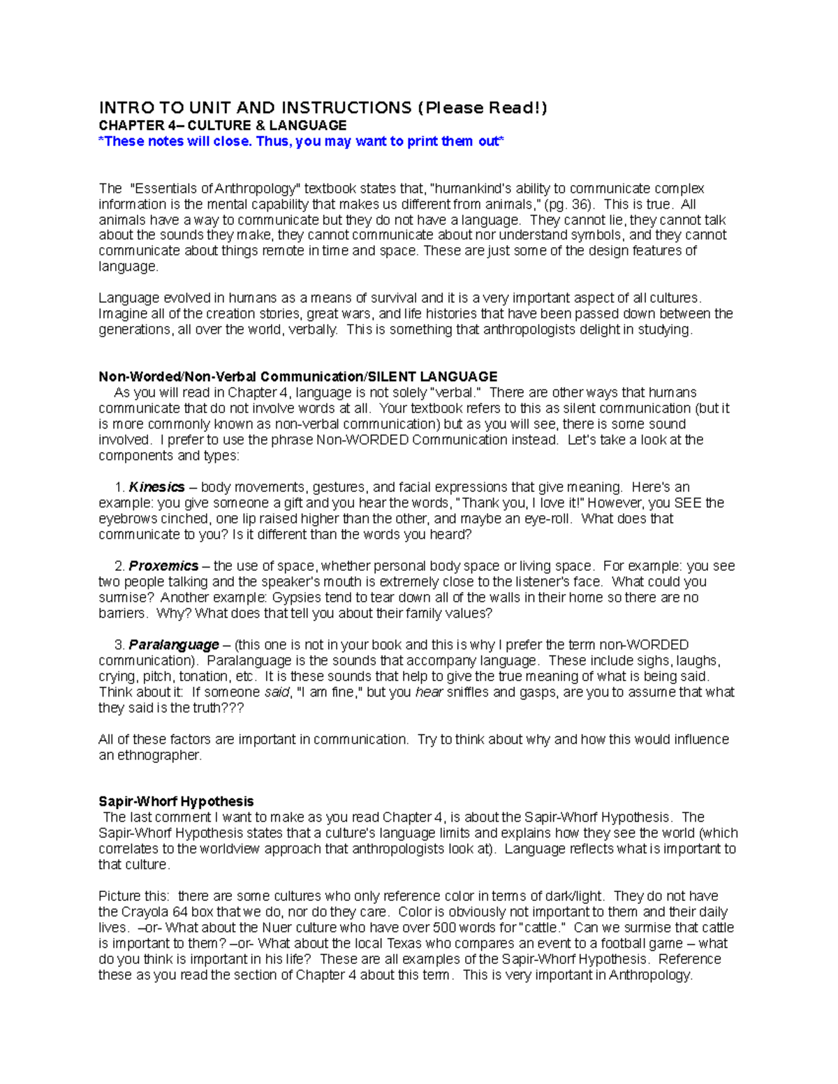 Anthropology Unit 3Notes - INTRO TO UNIT AND INSTRUCTIONS (Please Read ...