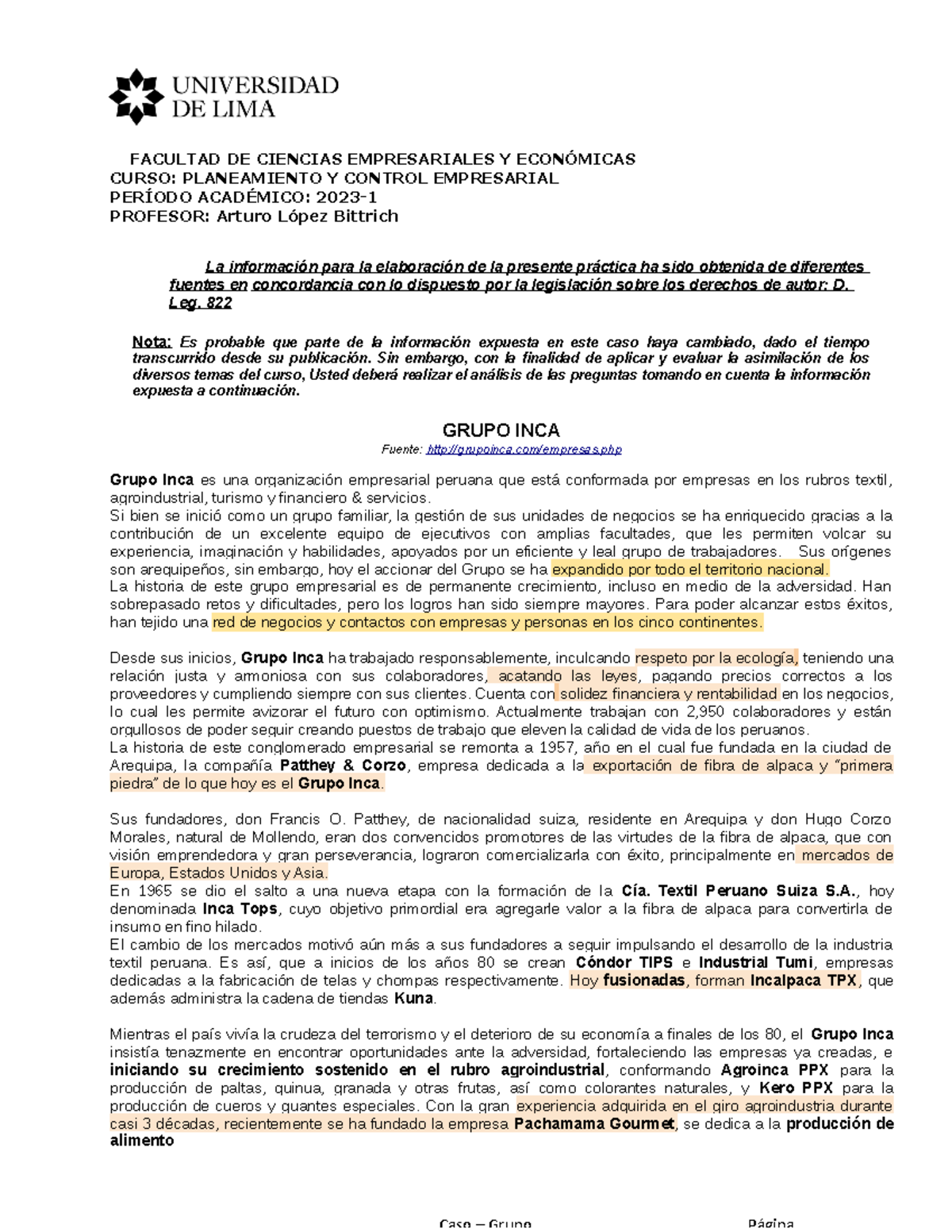 CASO - Grupo INCA - 2023 respuestas - FACULTAD DE CIENCIAS ...