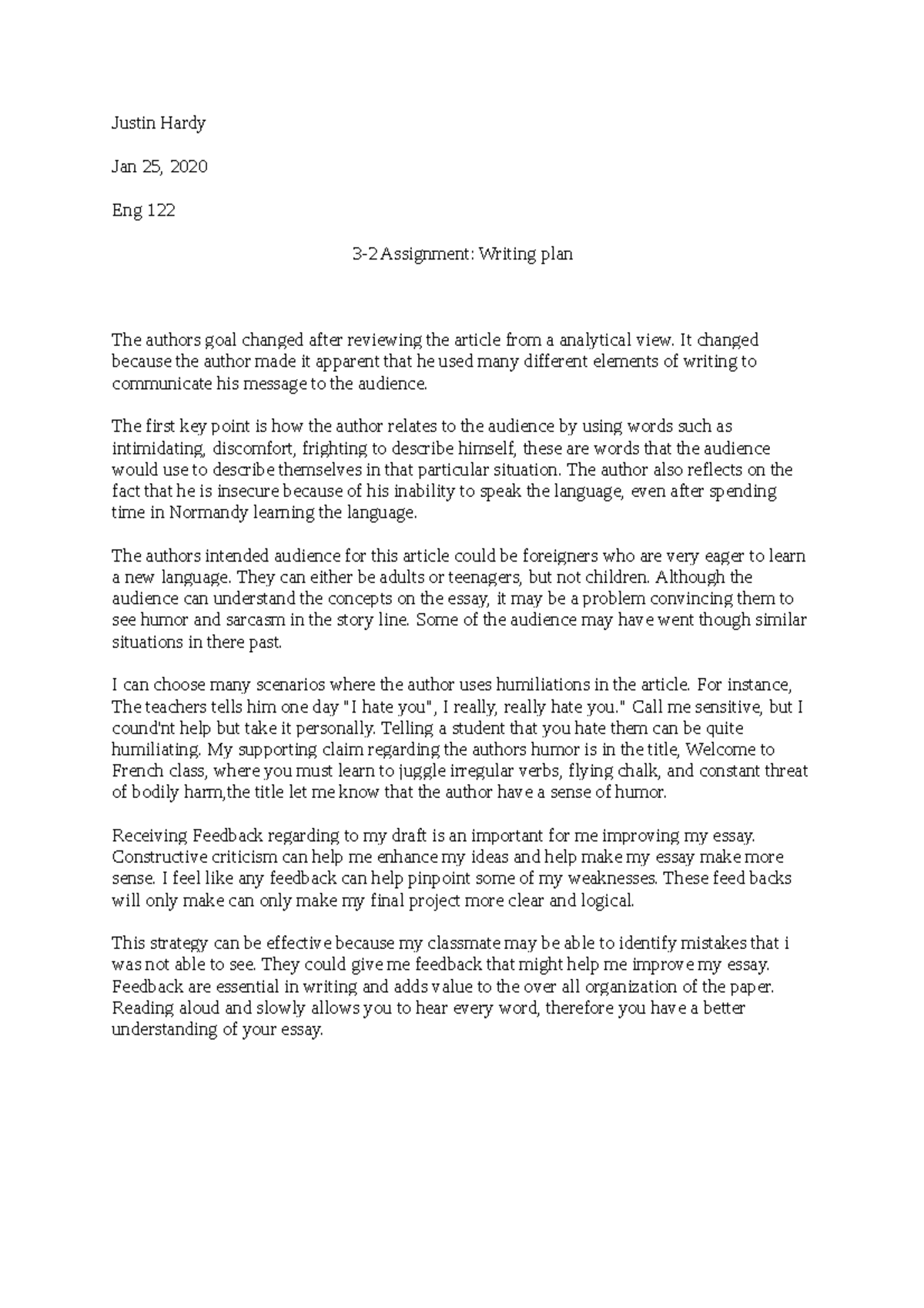 English 122 Composition 1 - Justin Hardy Jan 25, 2020 Eng 122 3-2 ...