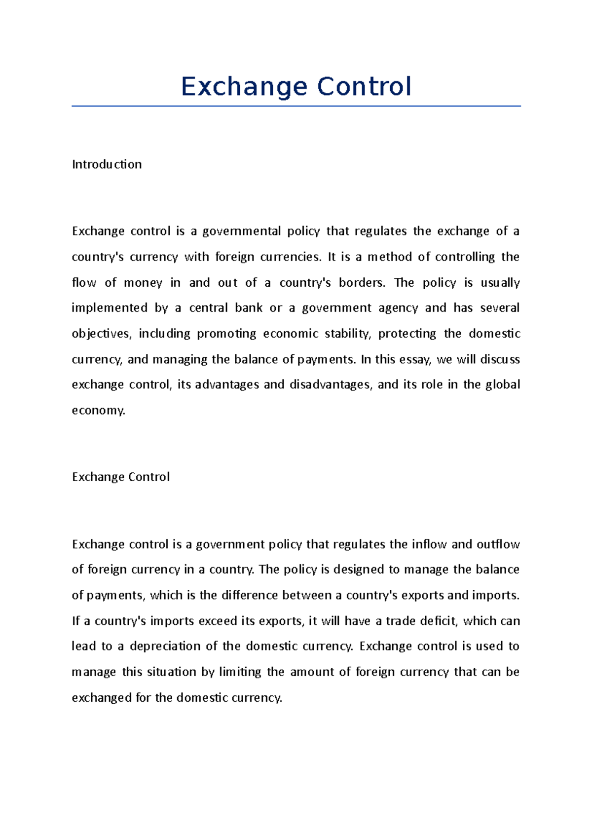 Note on Exchange Control - Exchange Control Introduction Exchange ...