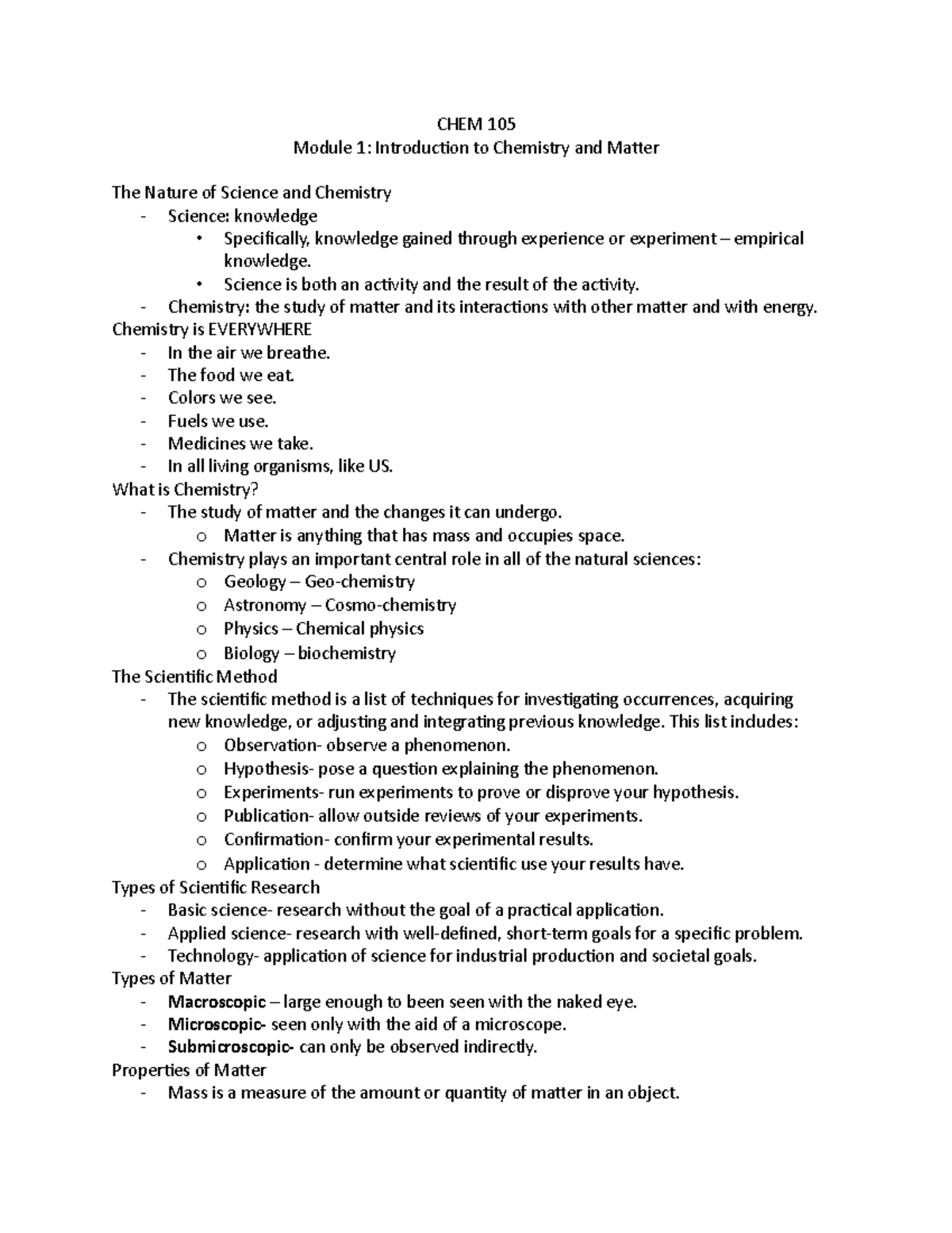 CHEM 105 Module 1 - Introduction to Chemistry and Matter. All notes ...