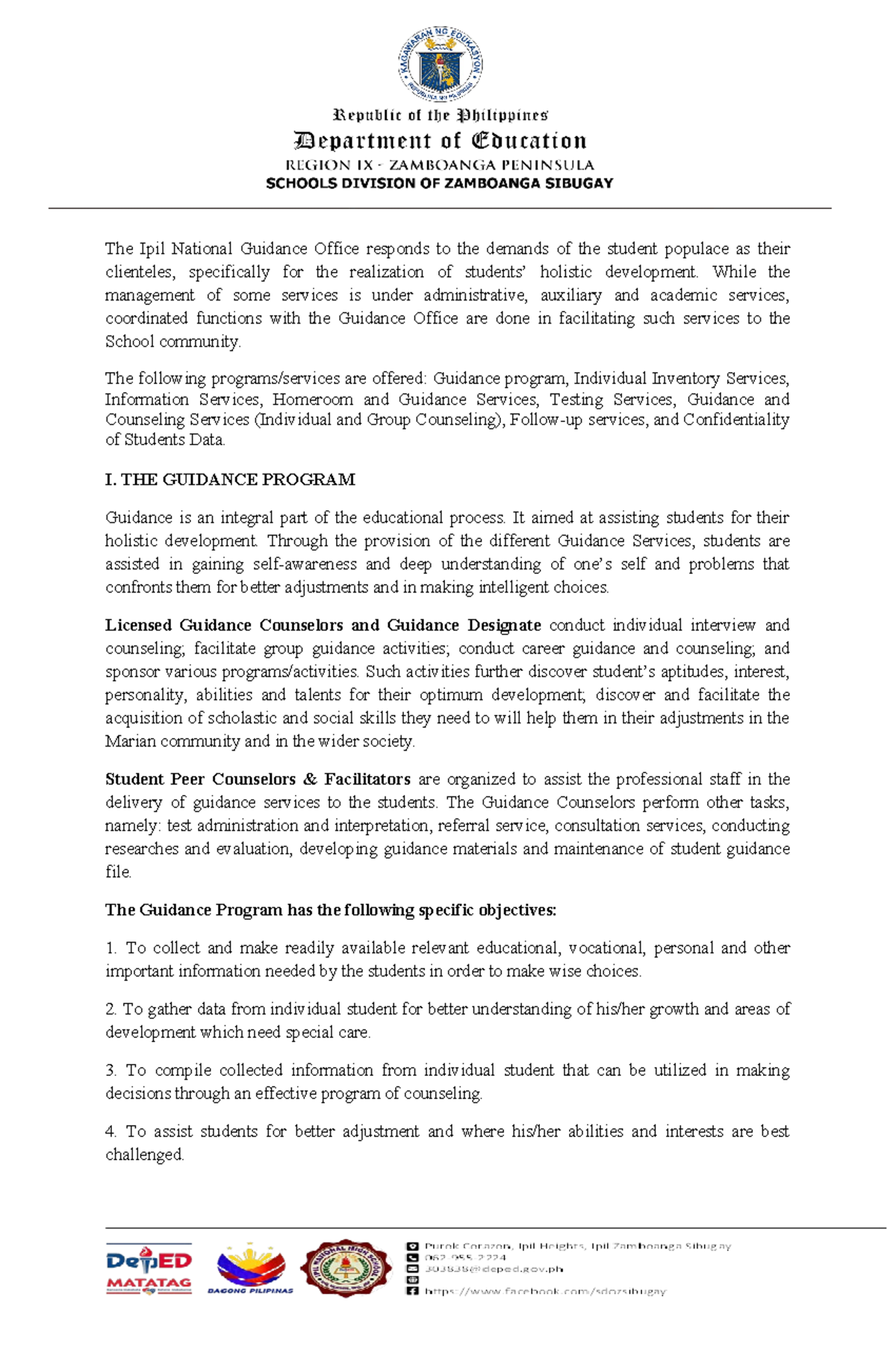 Guidance Program SY 2024 2025 - The Ipil National Guidance Office ...