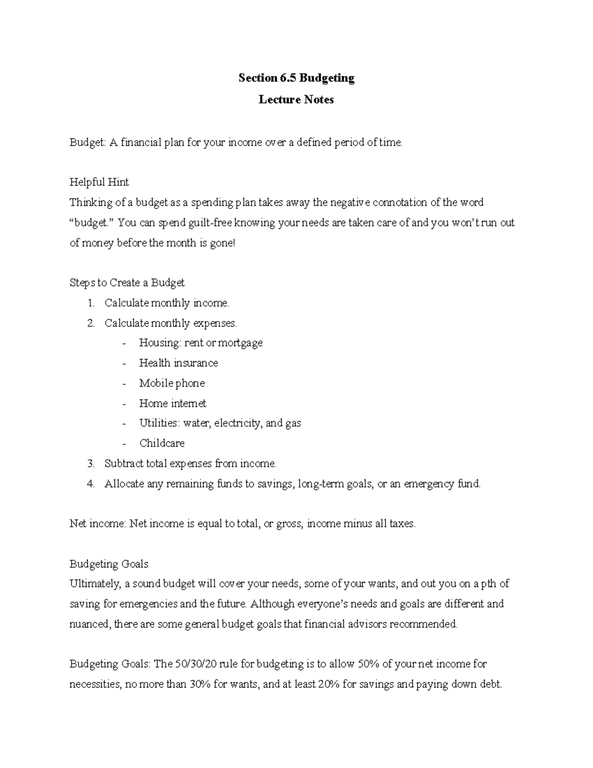 Section 6.5 Notes - Section 6 Budgeting Lecture Notes Budget: A ...