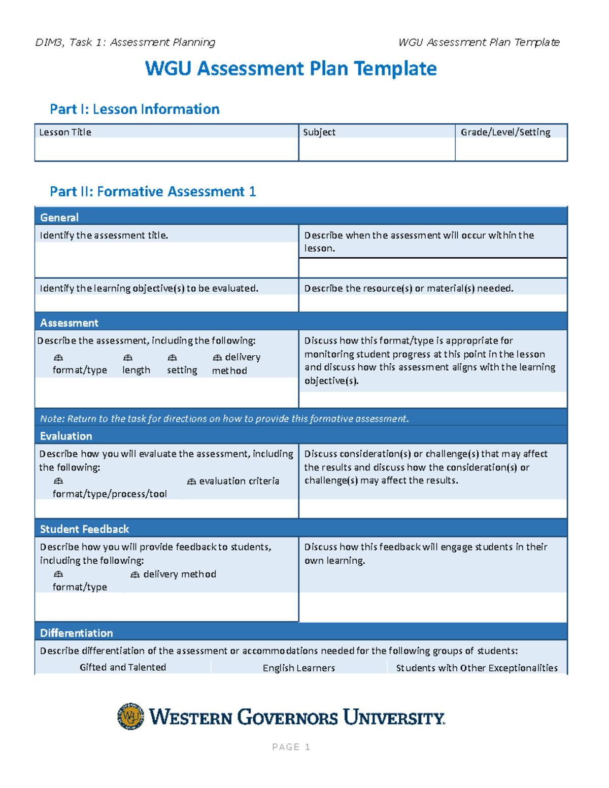WGU Assessment Plan Template - Describe when the assessment will occur ...
