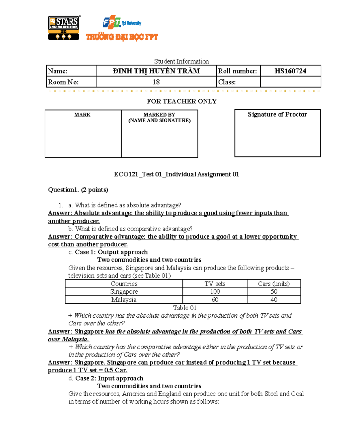 ECO121 Test 01 Individual Assignment 01 - Student Information Name ...