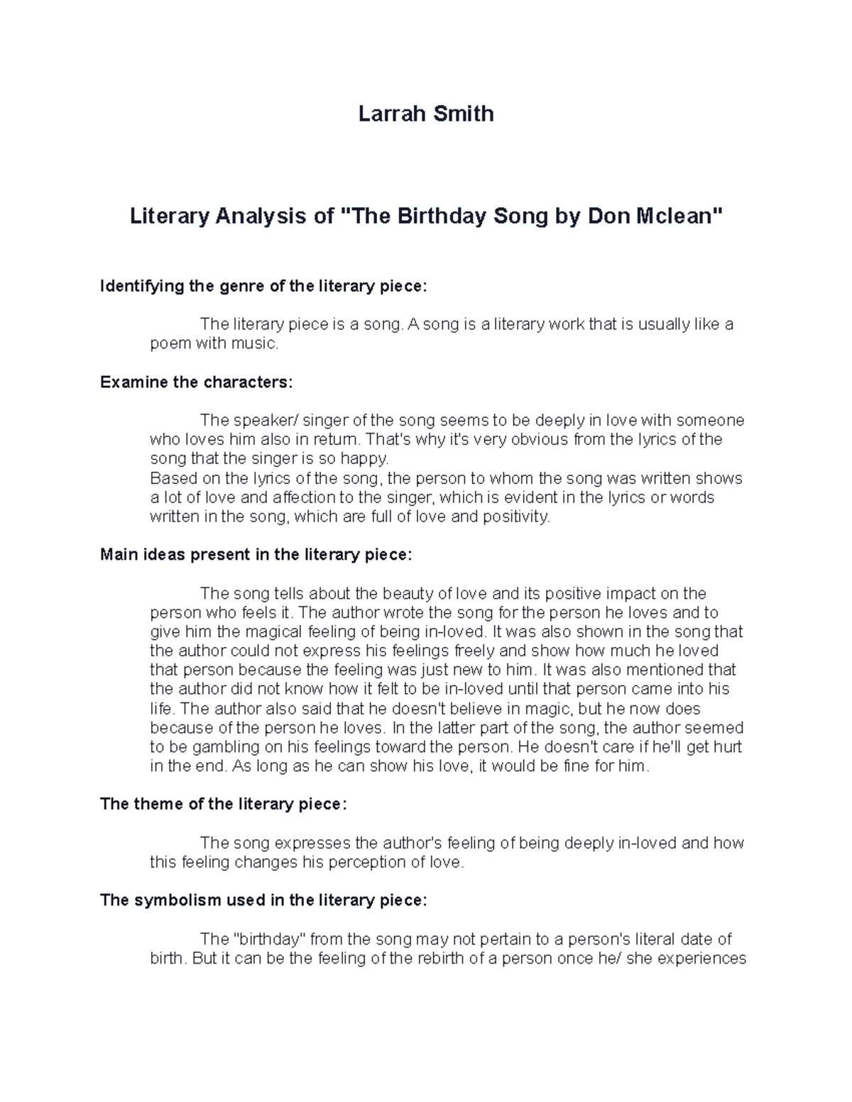 Larrah Smith Literary Analysis - A song is a literary work that is ...