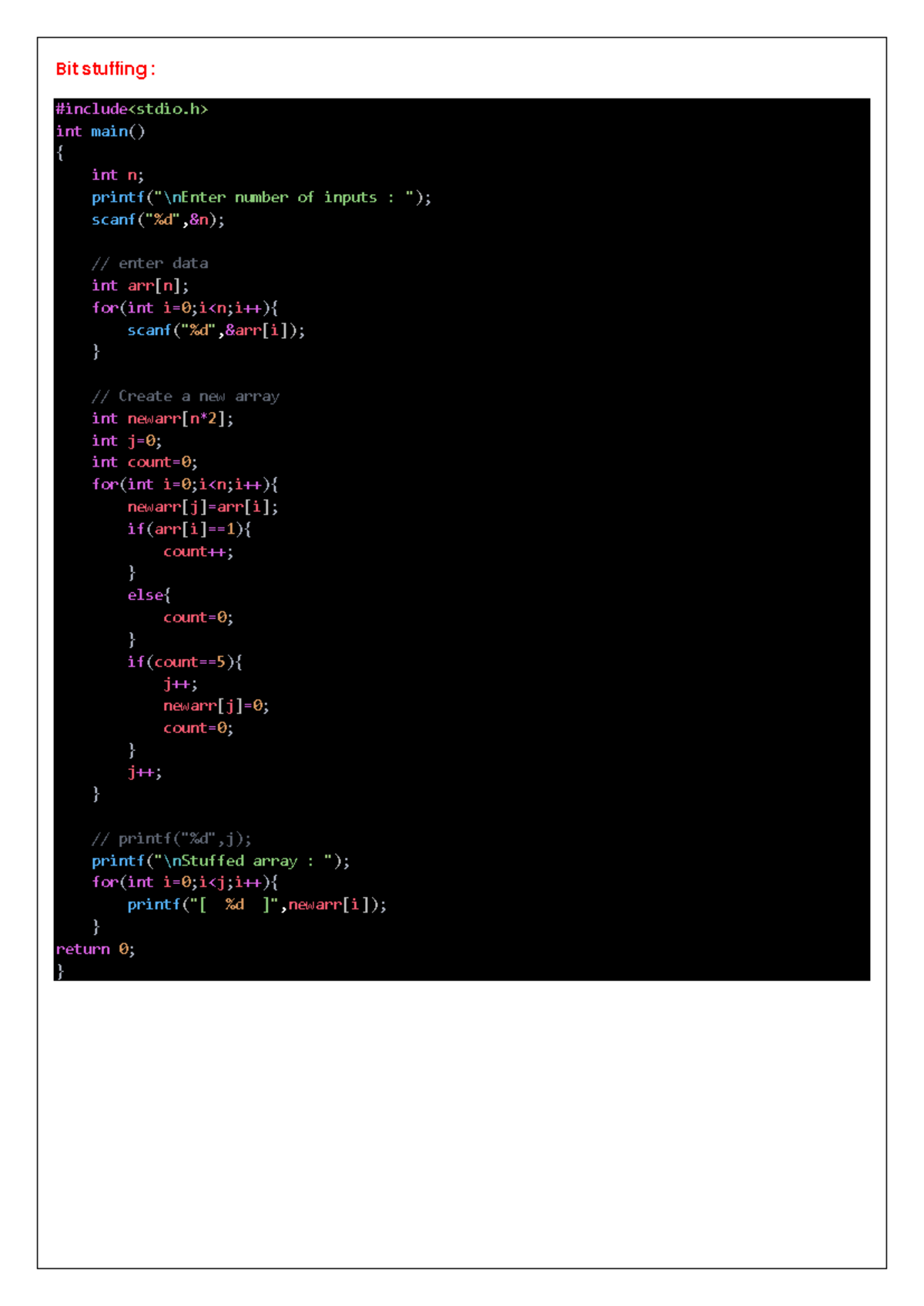 Advance Computer Network - Bit stuffing : #include int main() { int n; - Studocu