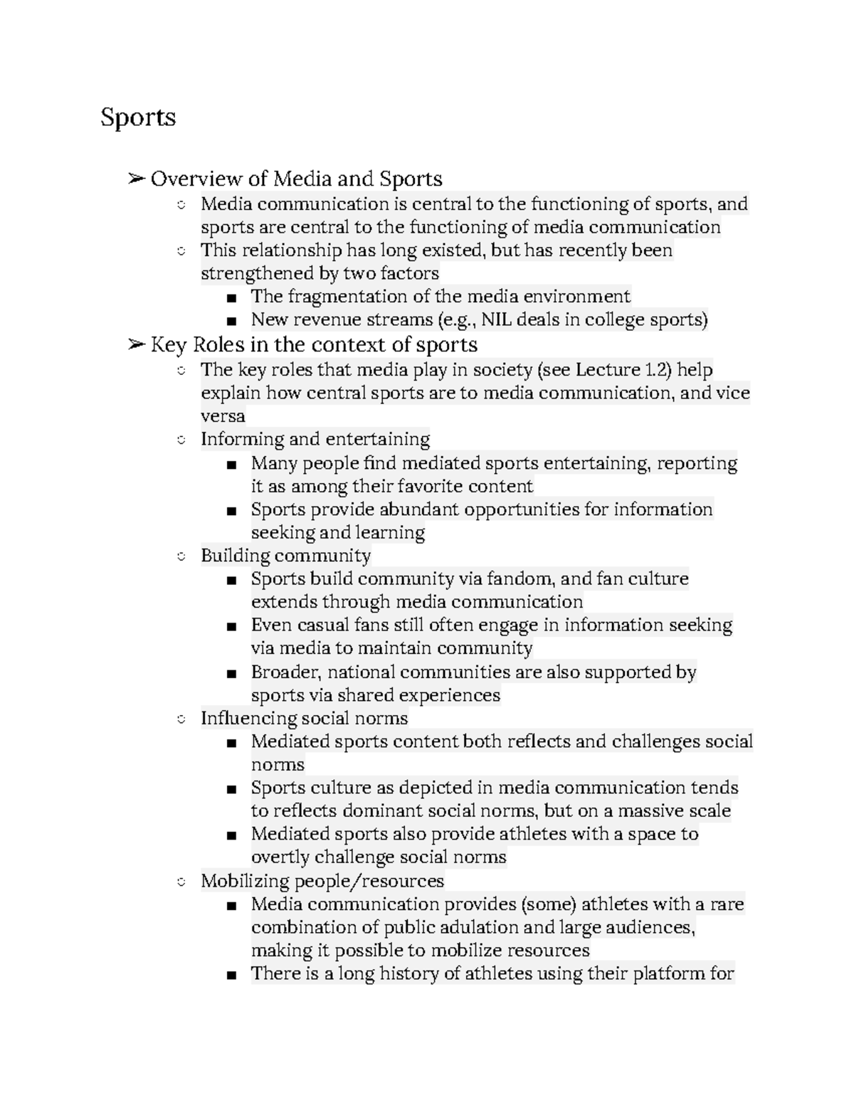 Comm 1500 Lecture Notes 3 - Sports Overview of Media and Sports Media ...