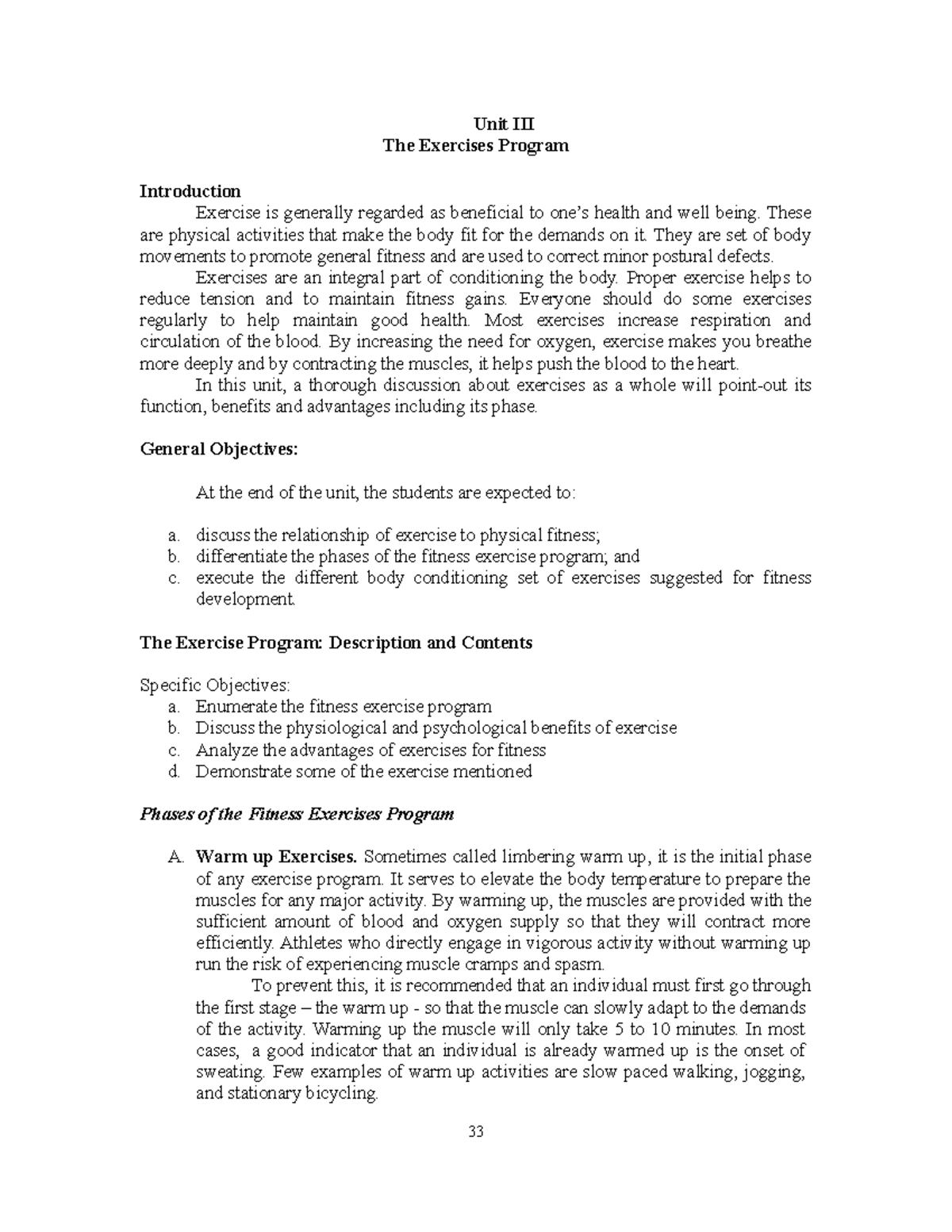 The Exercises Program - PE lecture - Unit III The Exercises Program ...