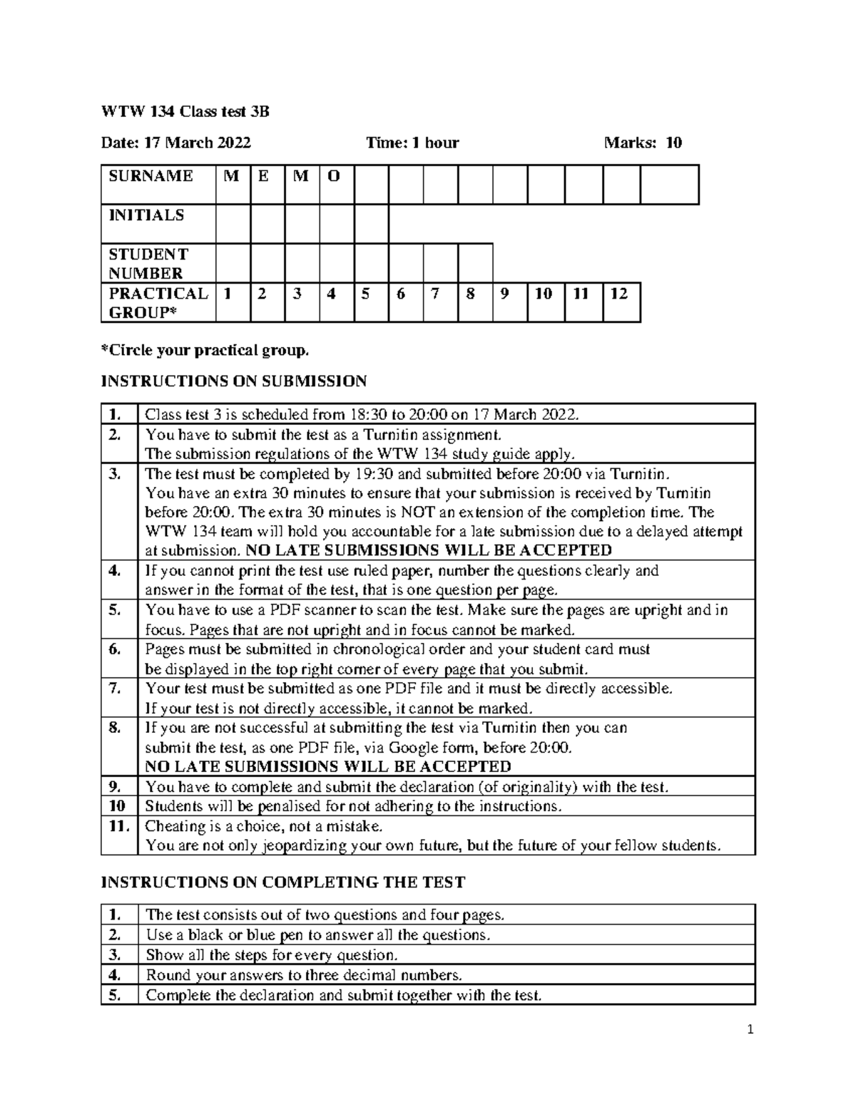 WTW 134 Class test 3B Memo - WTW 134 Class test 3B Date: 17 March 2022 ...