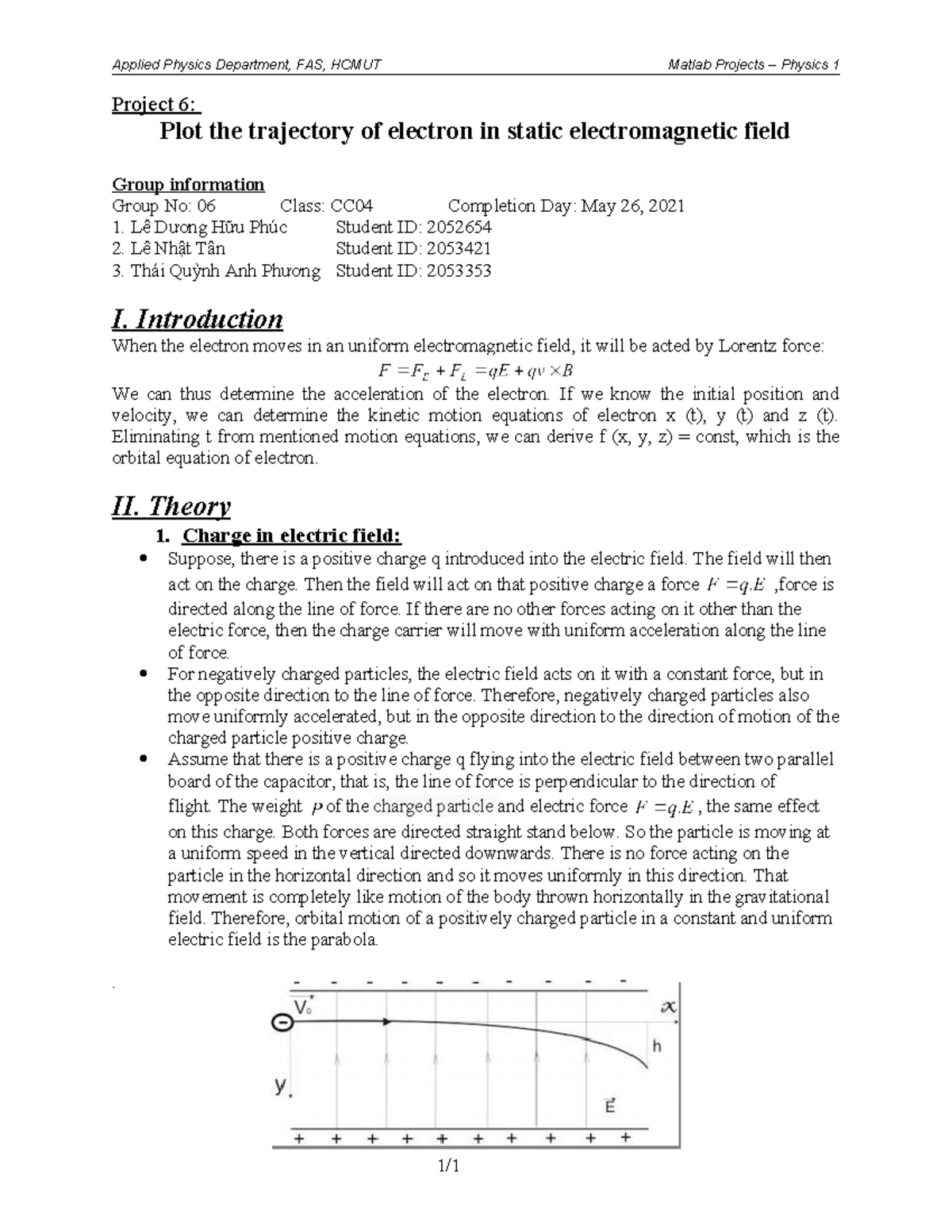 Project 6: Plot the trajectory of electron in static electromagnetic field - Lê Dương Hữu Phúc ...