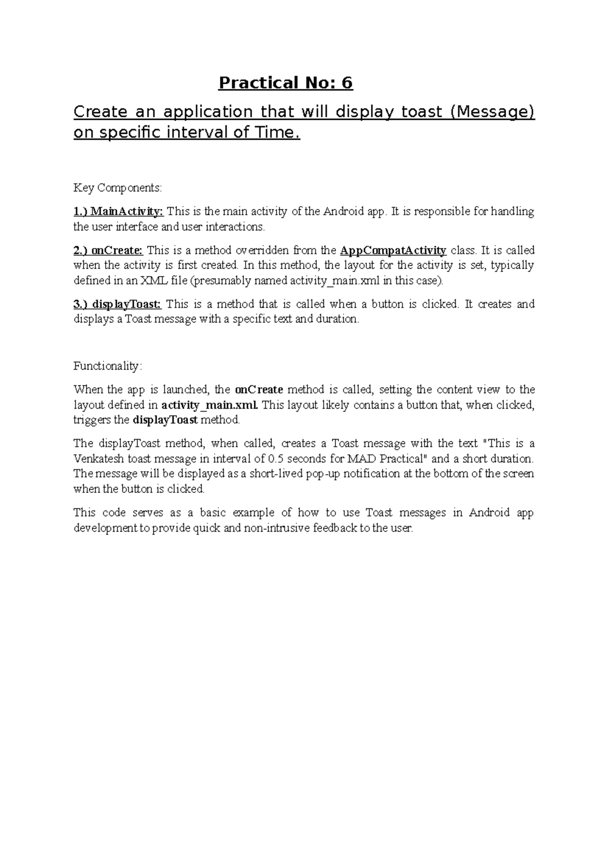 Prac6 - Aiml - Practical No: 6 Create an application that will display toast (Message) on ...