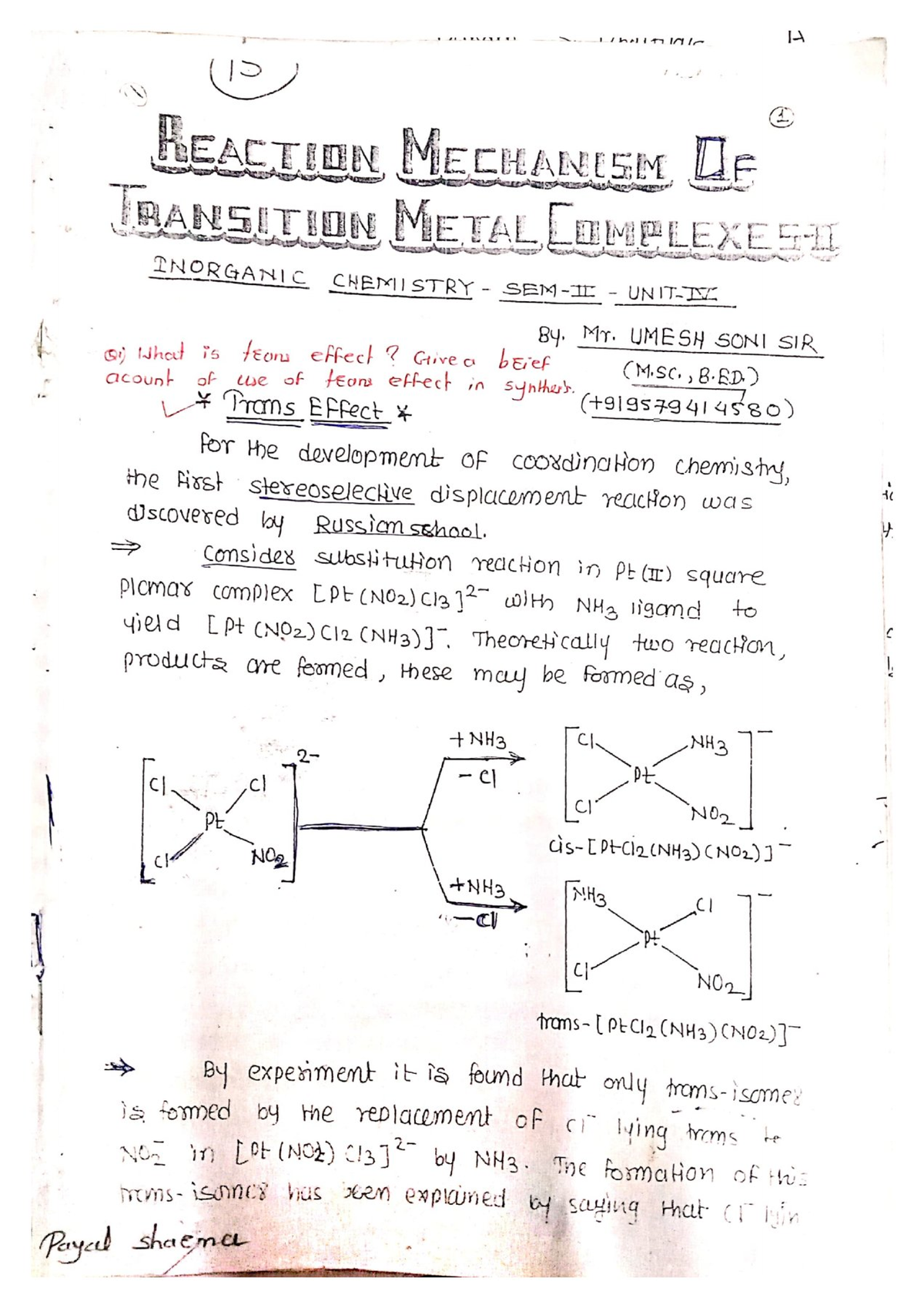 Reaction Mechanism of Transition Metal Complexes - Msc-Chemistry (Chemistry) - Studocu