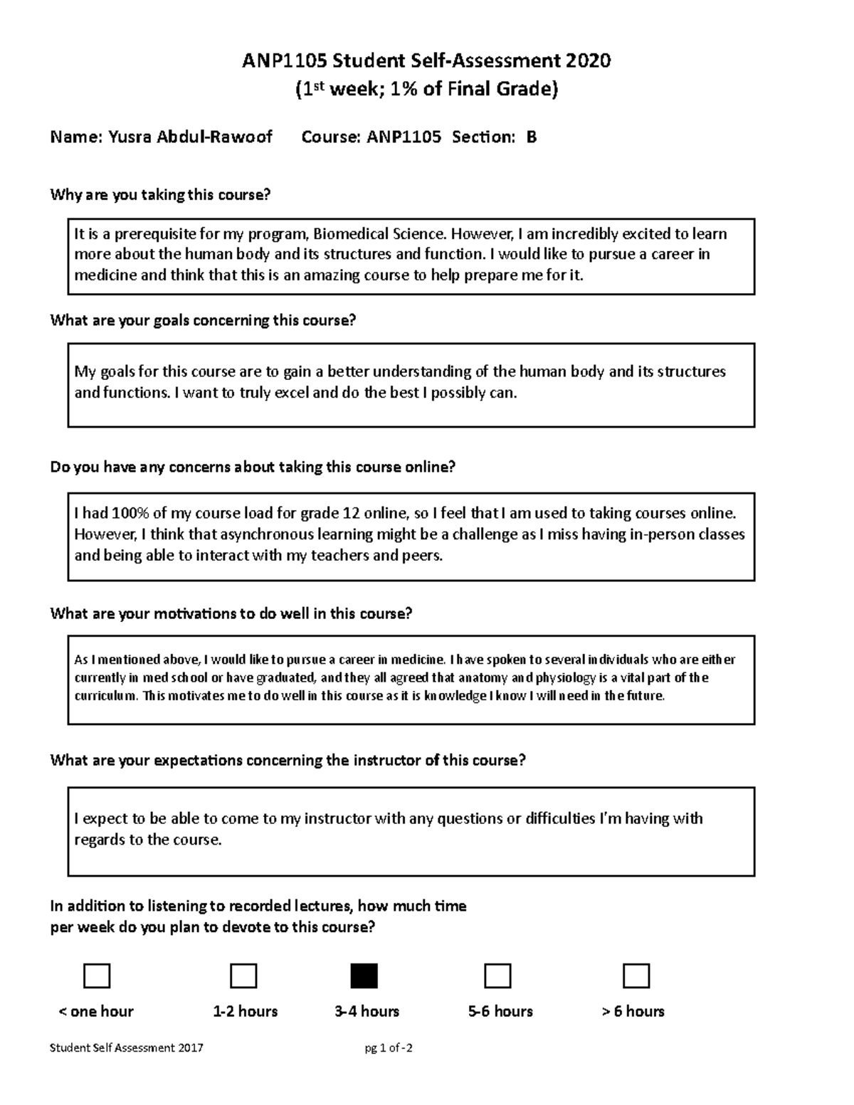 300237287 Self Assessment - ANP1105 Student Self-Assessment 2020 (1st ...