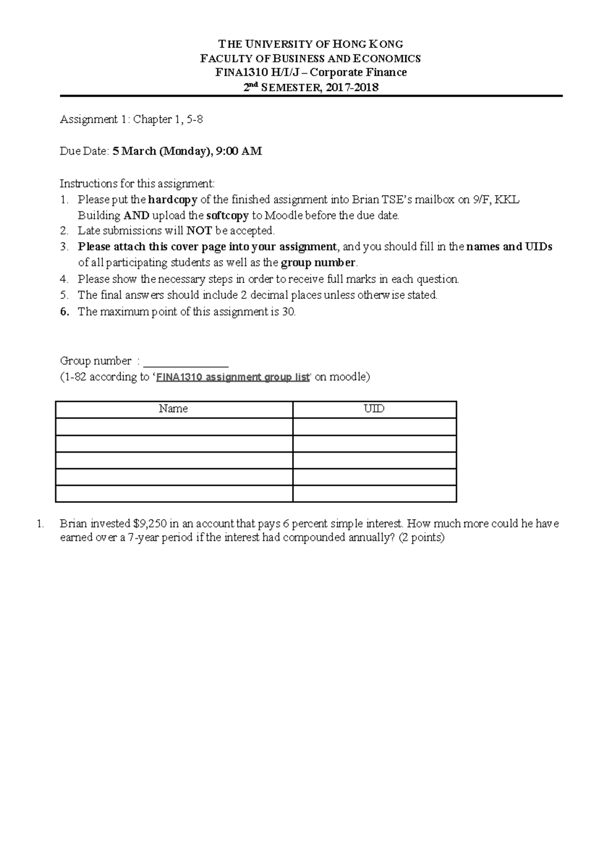 FINA1310 HIJ 1718 Assignment 1 Question - T HE U NIVERSITY OF H ONG K ONG F ACULTY - Studocu