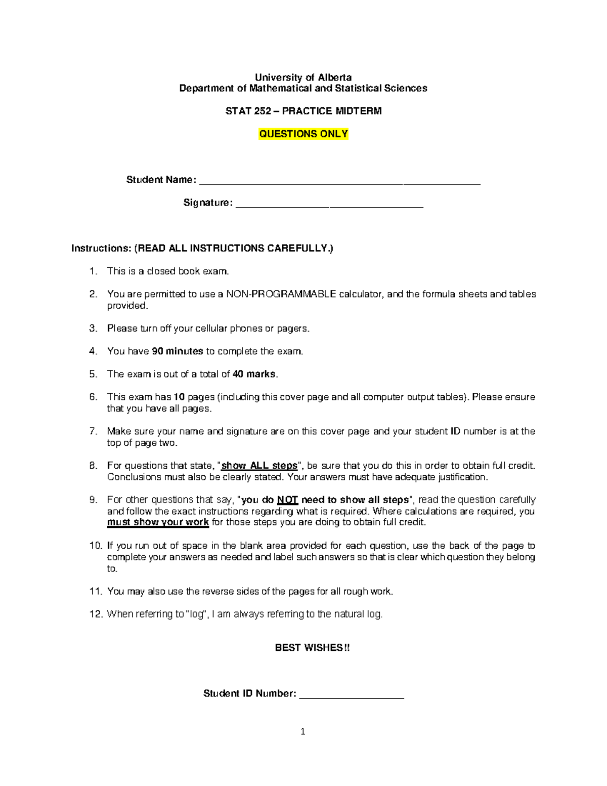 Stat 252-Practice Midterm-Questions - University of Alberta Department ...