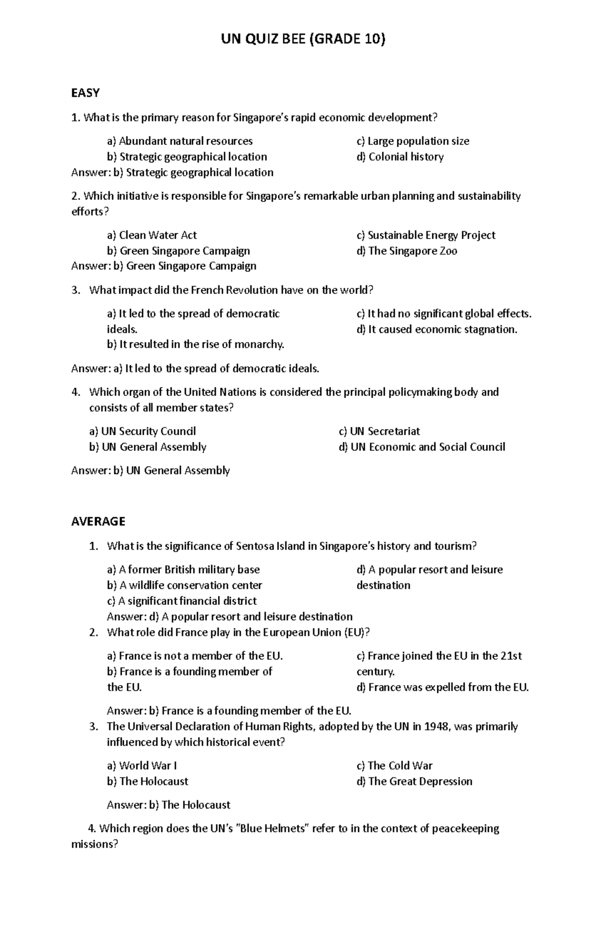 UN QUIZ BEE- G10 - Quiz about United Nations, Sustainable Development ...