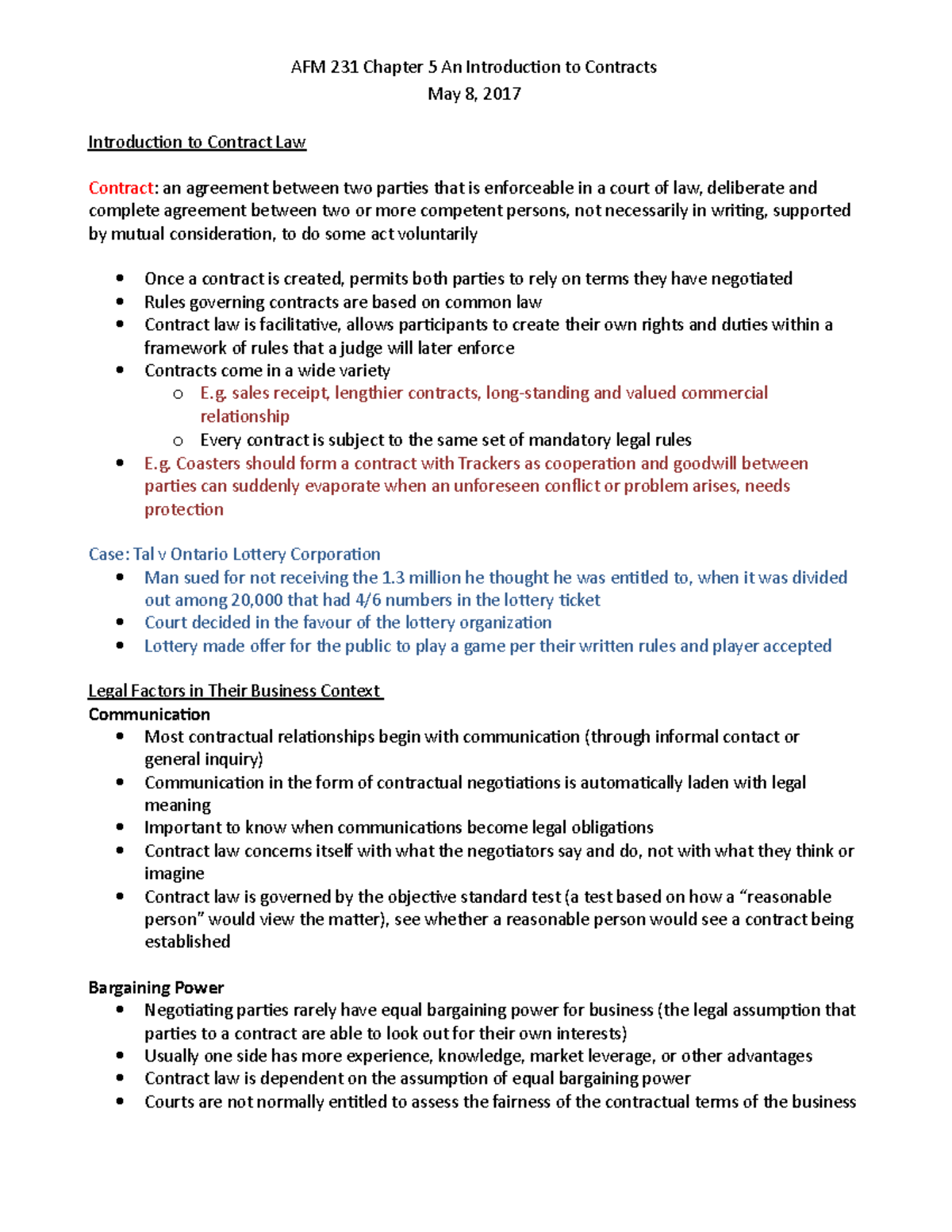 AFM 231 Ch 5 An Introduction to Contracts - AFM 231 Chapter 5 An ...