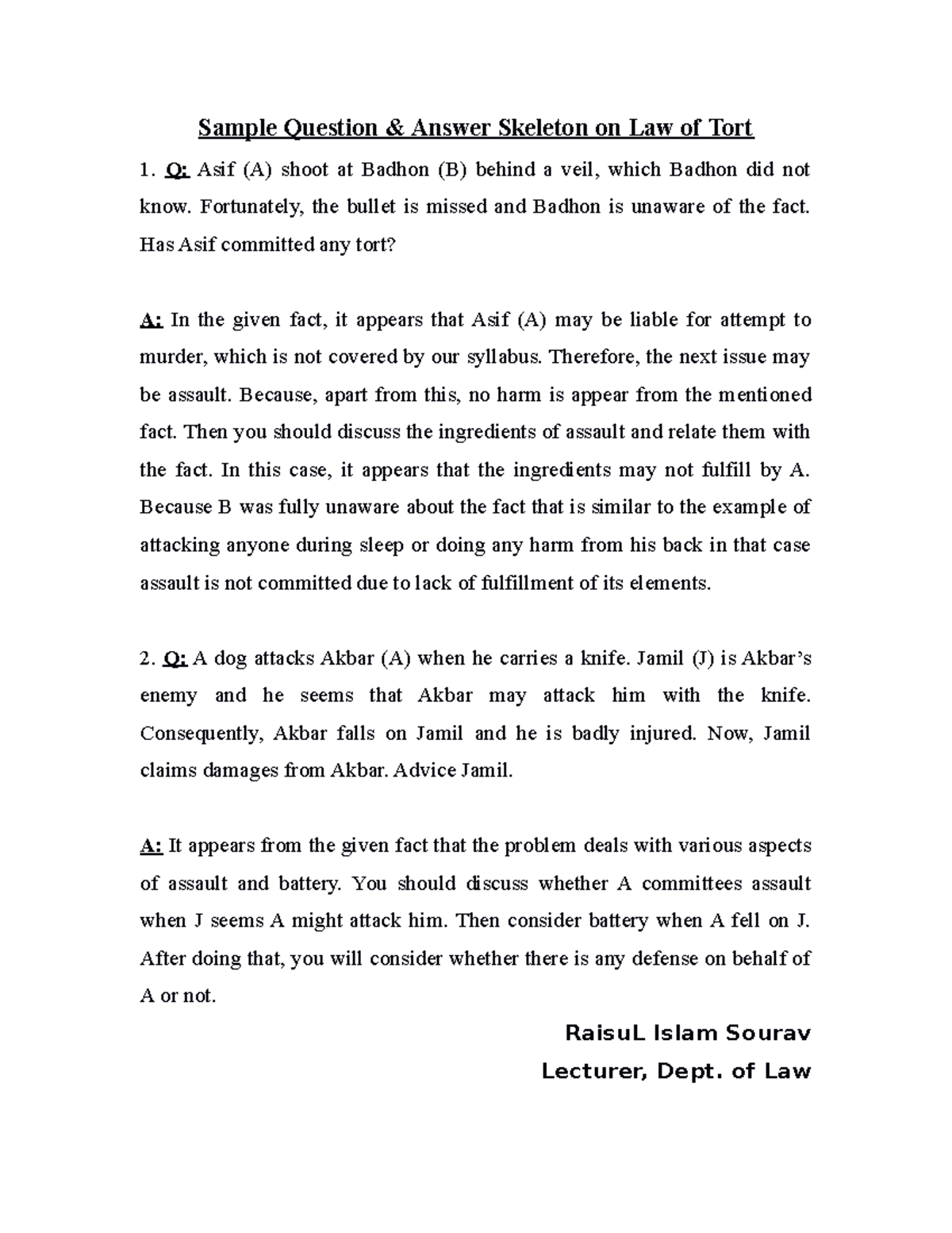 Sample Question and Answer Skeleton on A - Sample Question & Answer ...