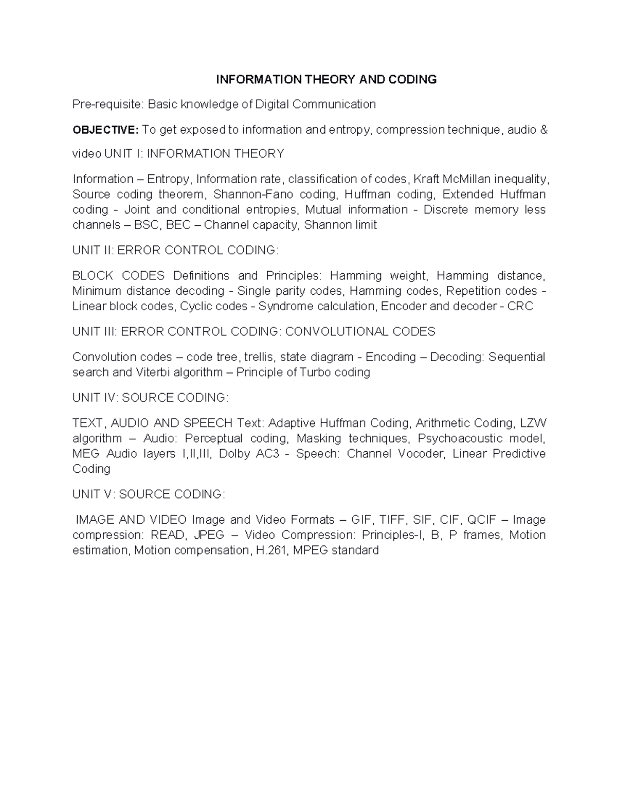 Information coding theory - INFORMATION THEORY AND CODING Pre-requisite ...