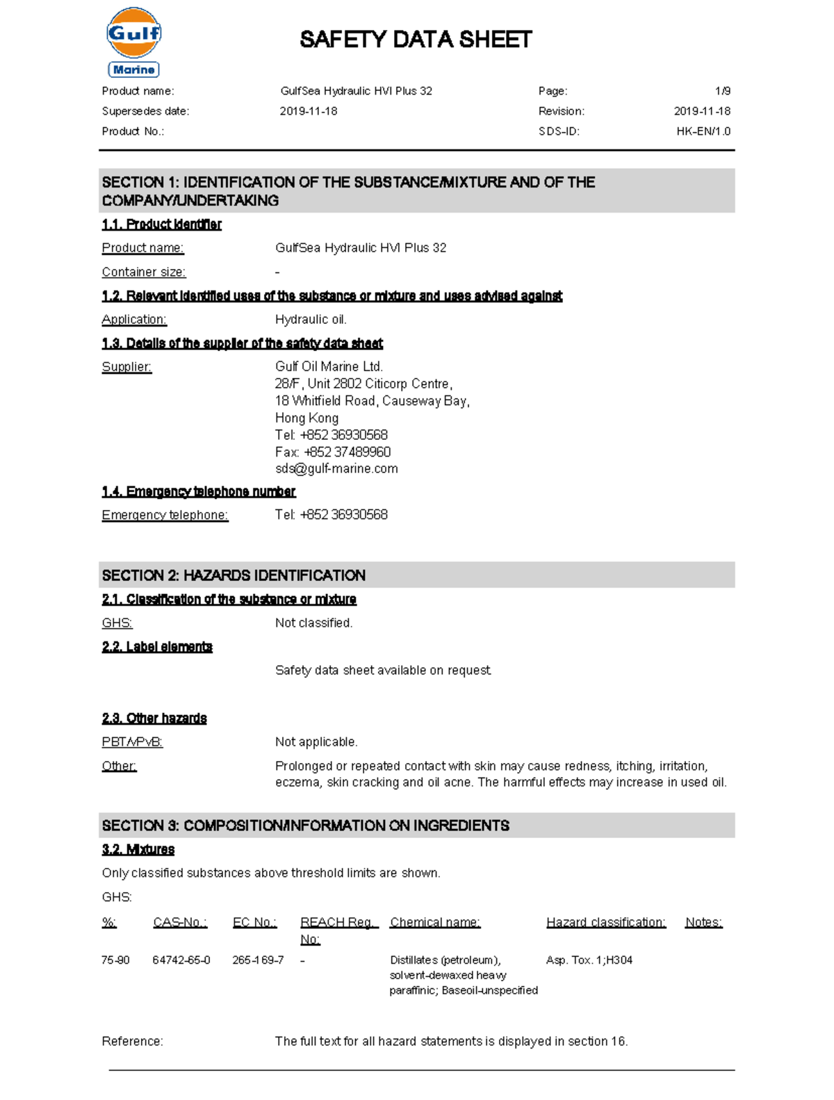 08. Hydraulic HVI Plus 32 Gulf Sea - SECTION 2: HAZARDS IDENTIFICATION ...