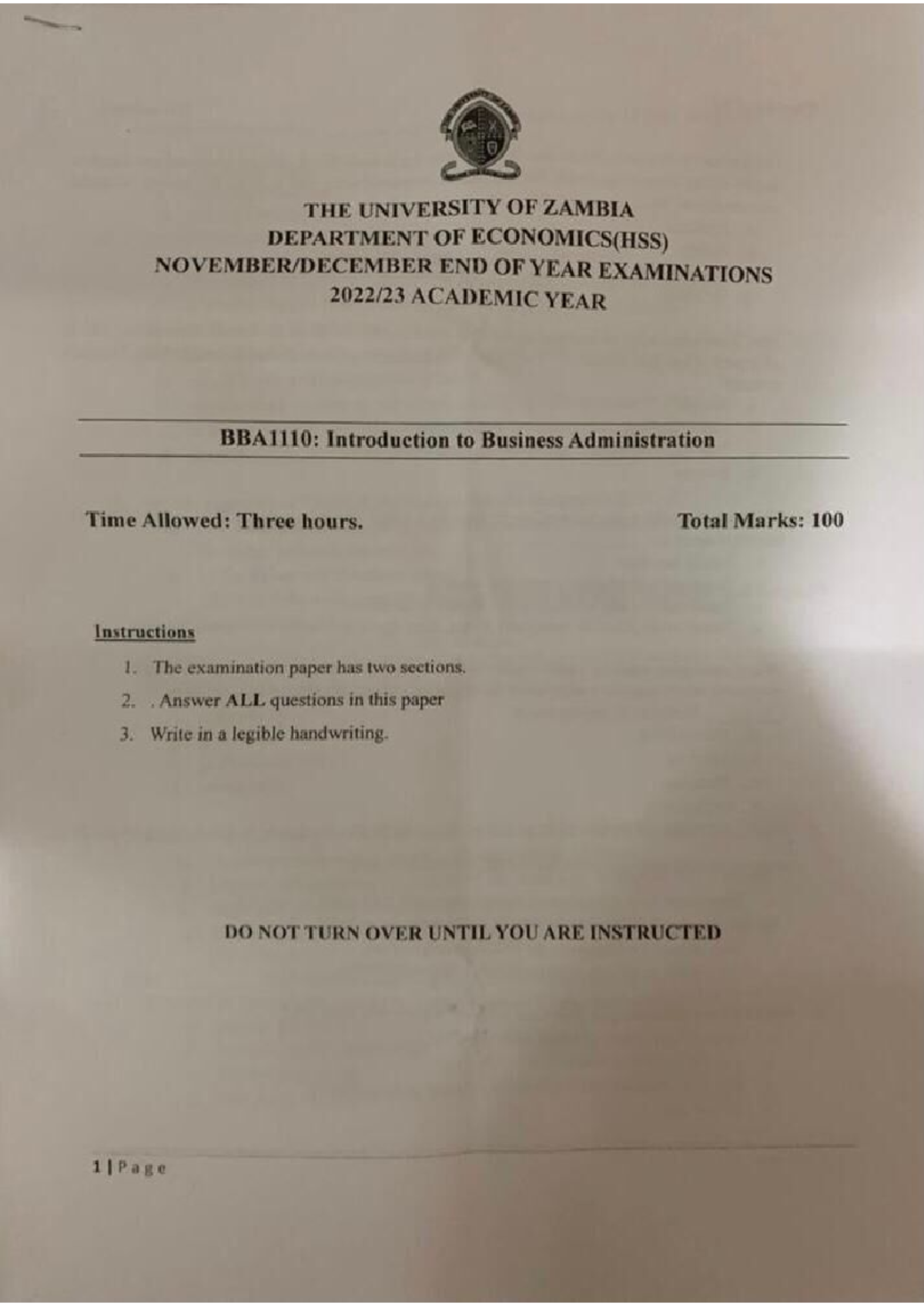 2023 BBA 1110 EXAM - bba exam - THE UNIVERSITY OF ZAMBIA DEPARTMENT OF ...