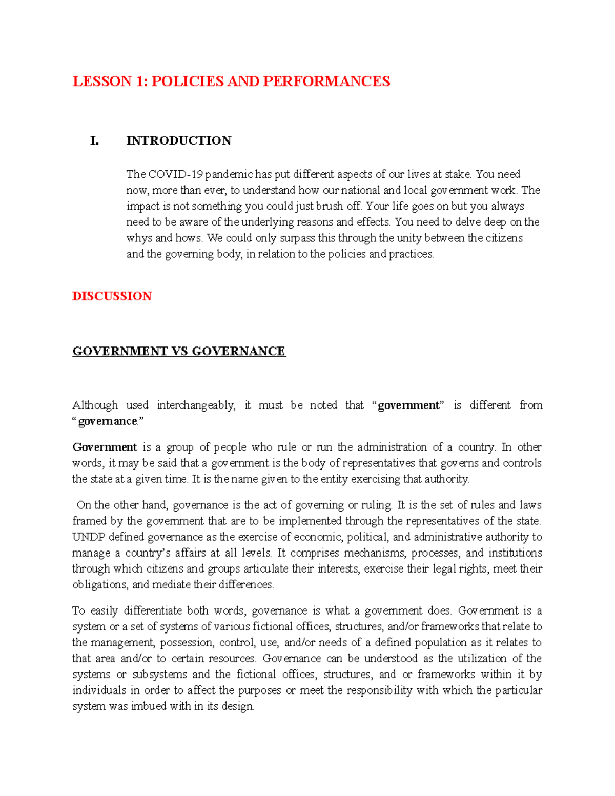Lesson 1 Policies and Performances - LESSON 1: POLICIES AND ...