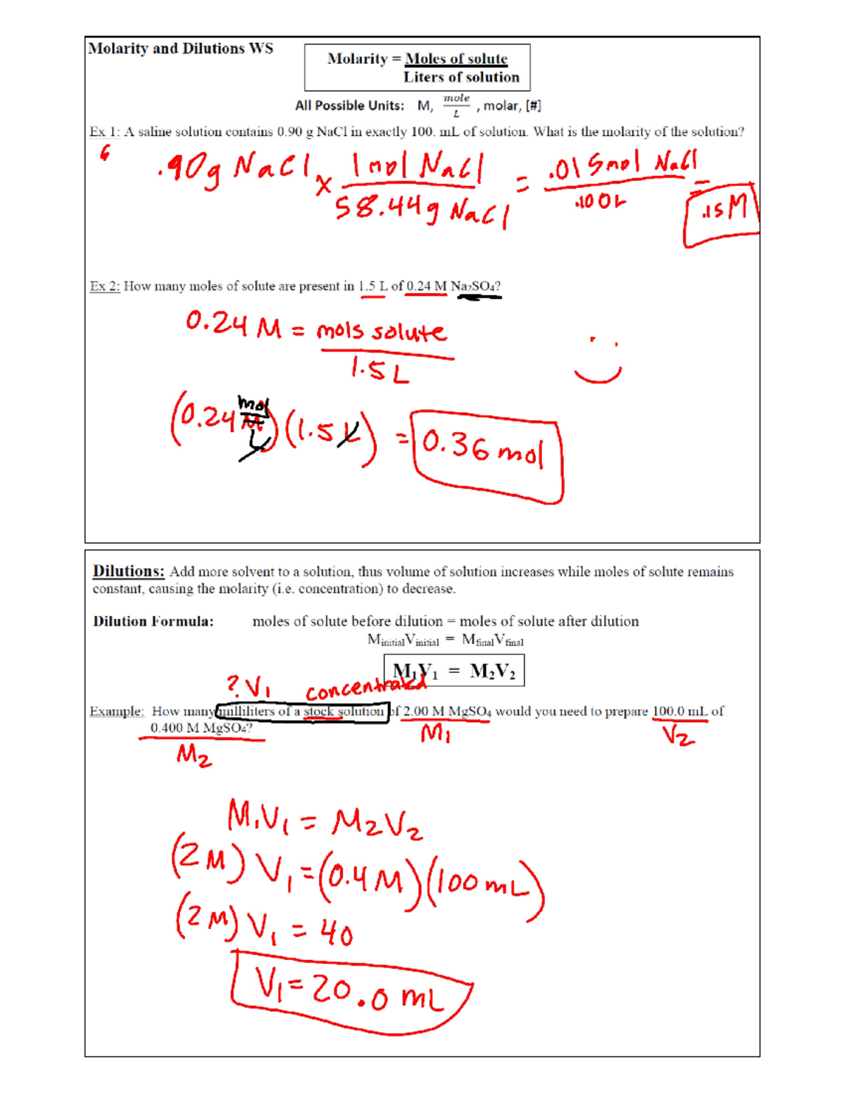 Molarity and dilutions ws examples ans - Molarity and Dilutions WS ...