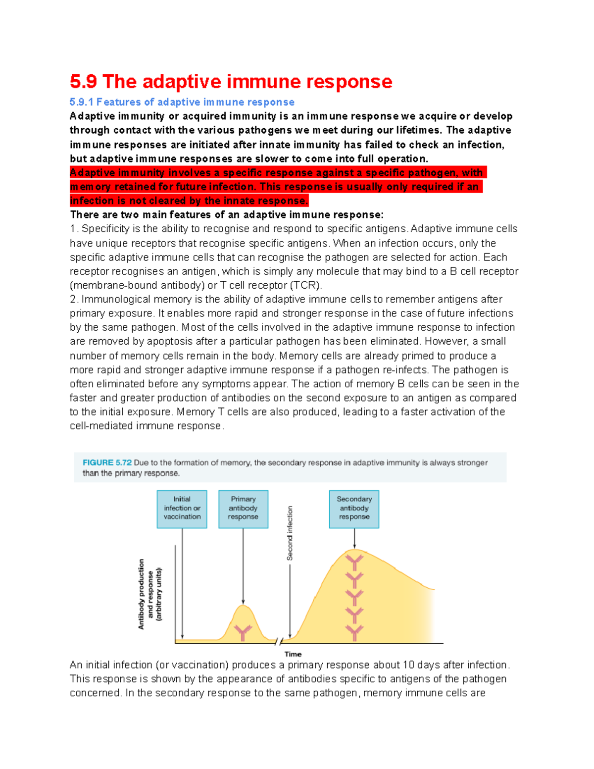 Bio notes - 5 The adaptive immune response 5.9 Features of adaptive ...