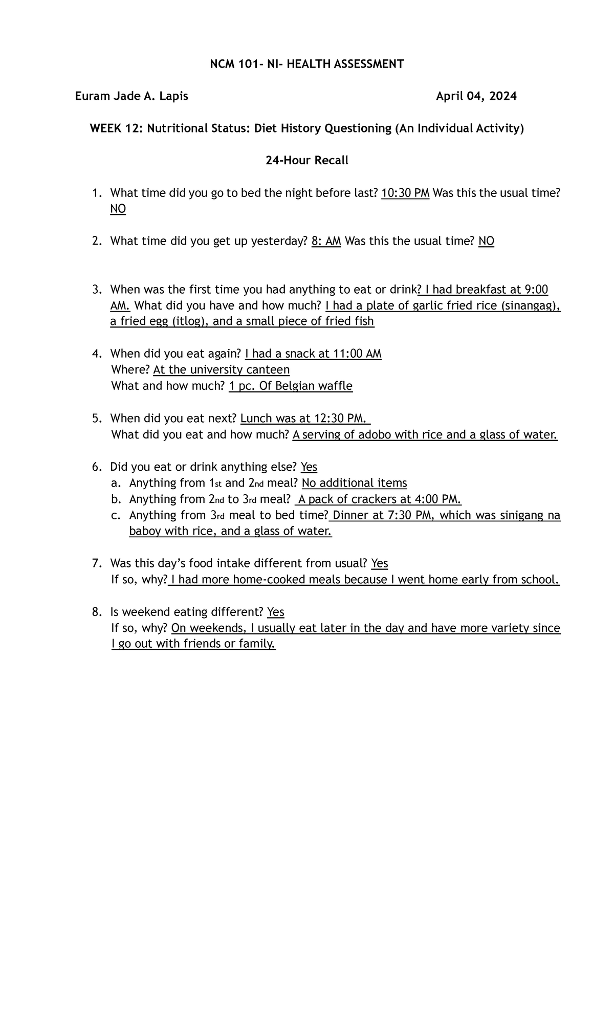 Activity - Nutritional Assessment- NCM 101- NI- HEALTH ASSESSMENT Euram ...