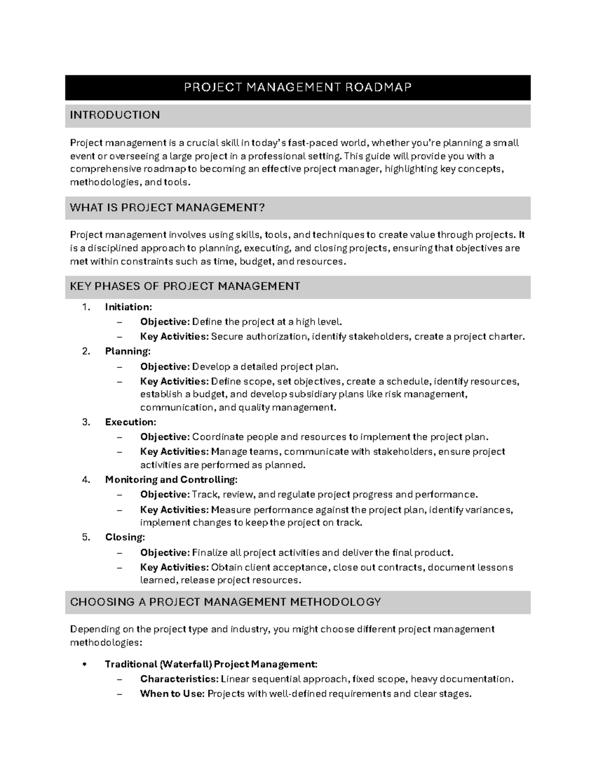 Project Management Roadmap - Notes - PROJECT MANAGEMENT ROADMAP ...