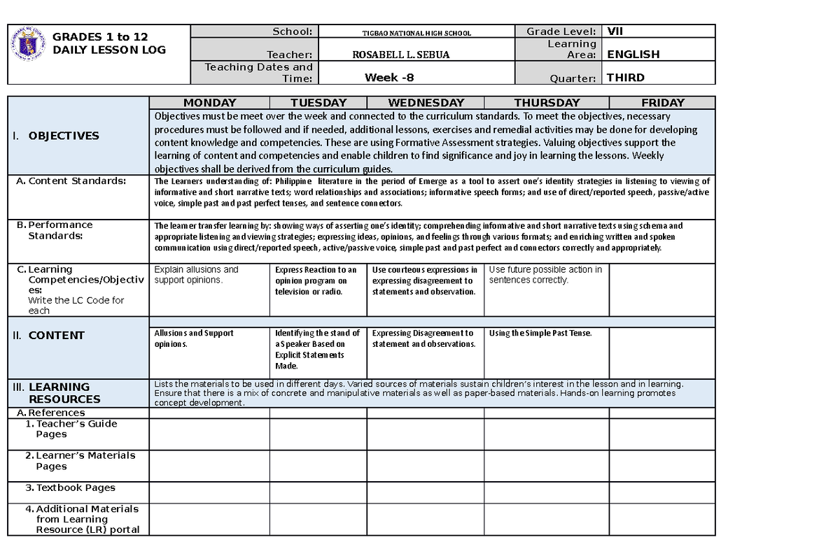 DLL 3rd Qrtr week 8 - Daily Lesson Logs for Grade 7 - GRADES 1 to 12 ...