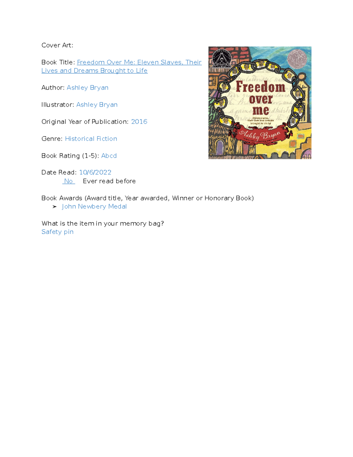 Freedom Over Me memory bag activity form - Cover Art: Book Title ...